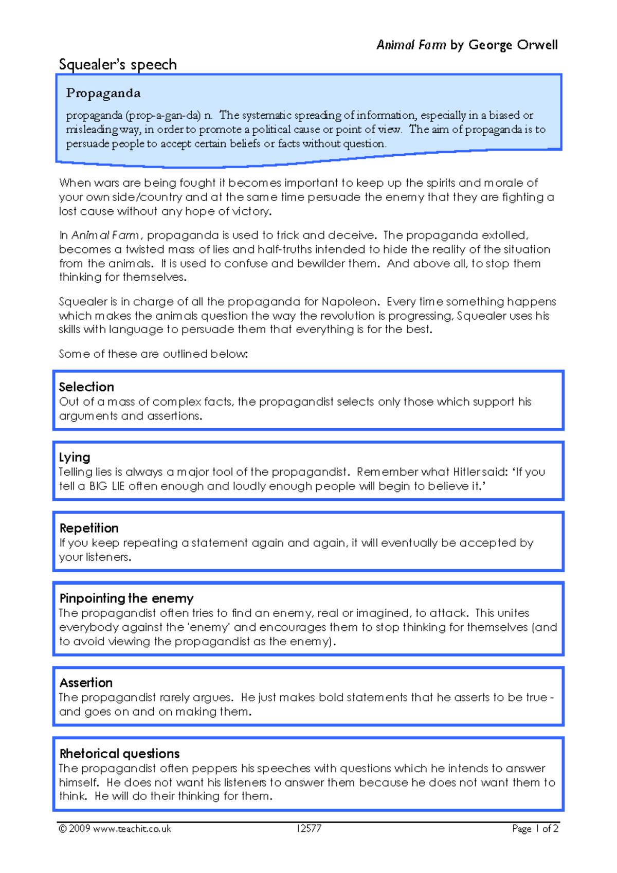 Animal Farm (ENG101) Squealer's Speech Analysis: Propaganda Techniques ...