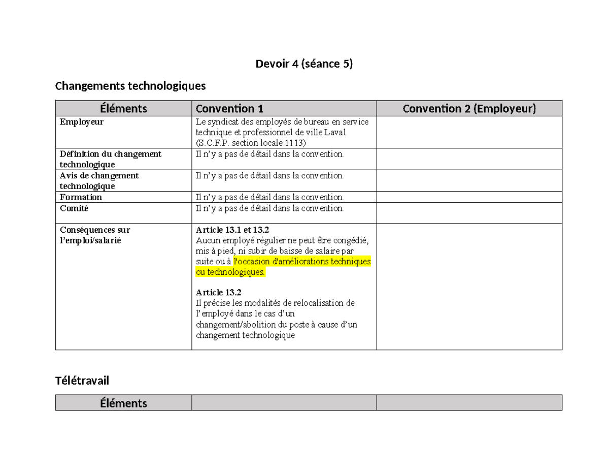 Devoir 4 (séance 5) - Changements Technologiques et Télétravail - Studocu
