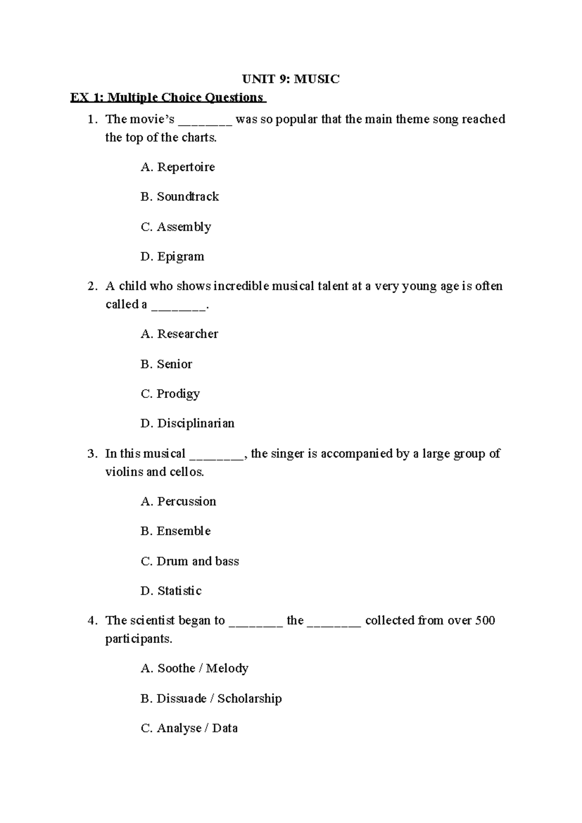 Unit 9: Music - Multiple Choice & Fill-in-the-Blank Test - Studocu