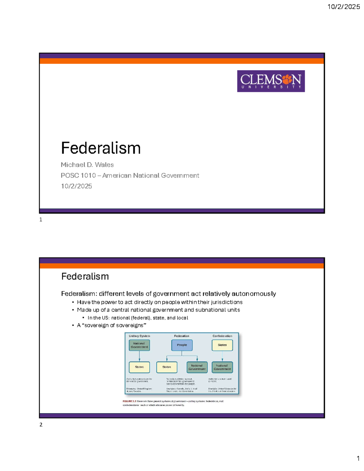 Federalism in America: POSC 1010 Lecture Notes on Government Structure ...