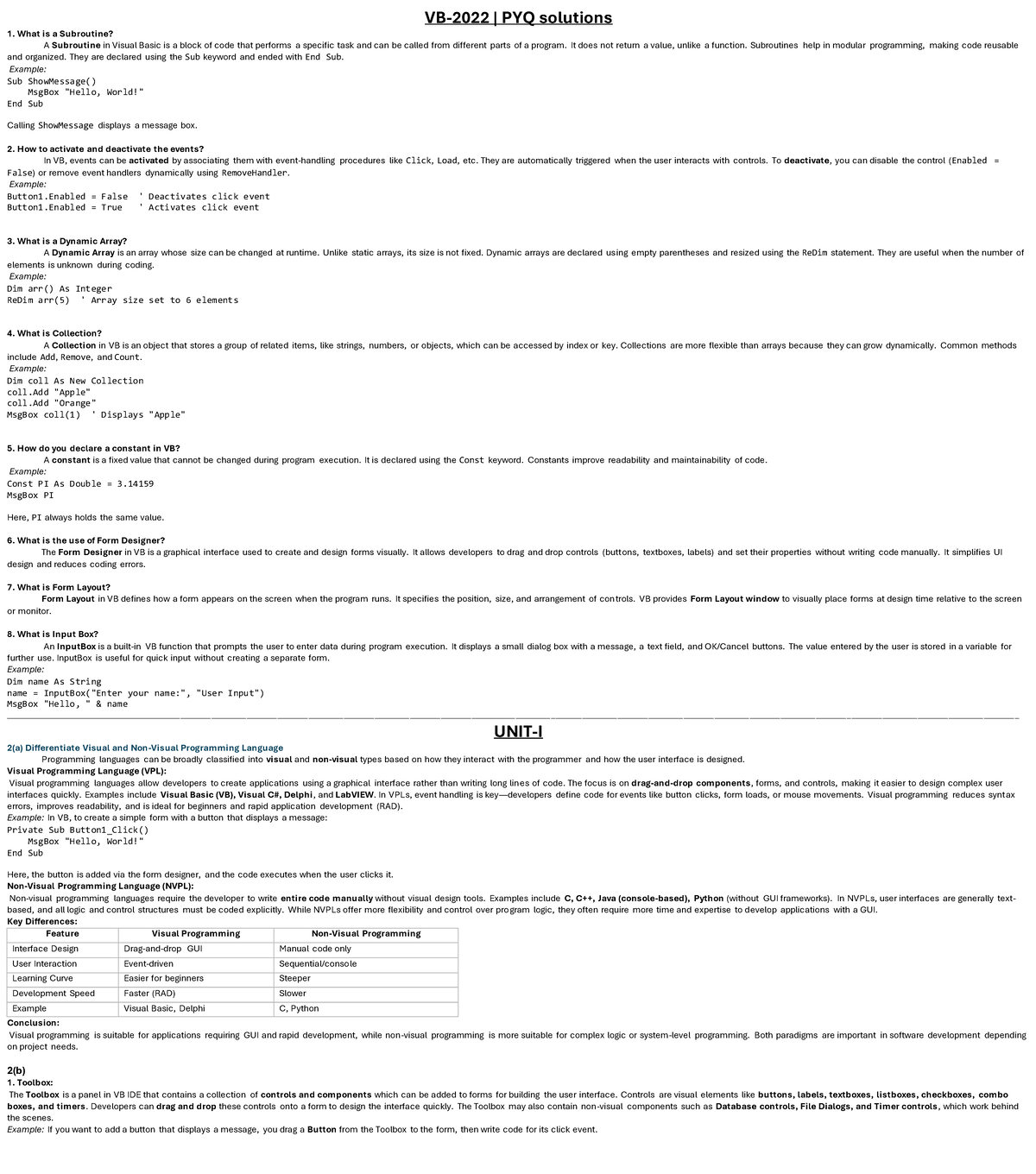 VB22 - PYQ Solutions: Understanding Subroutines, Arrays, and More - Studocu