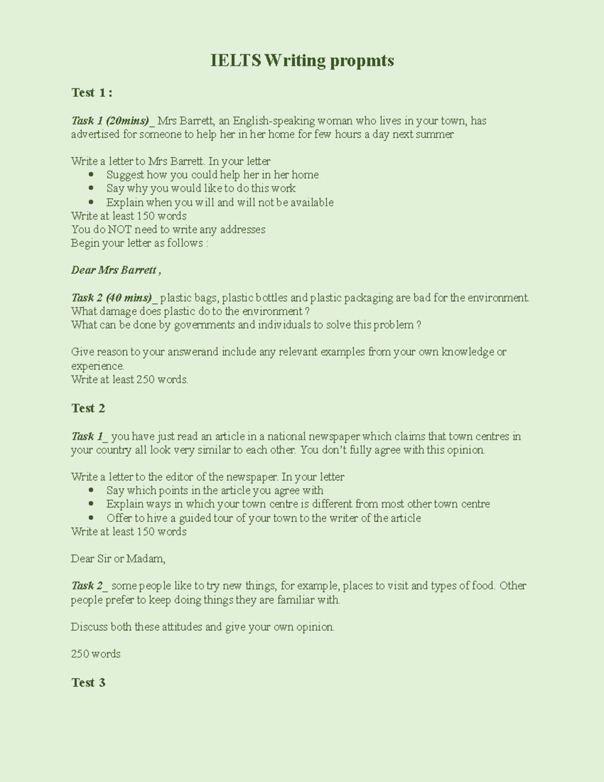 IELTS Writing Prompts: Test 1, 2 & 3 Tasks Overview - Studocu