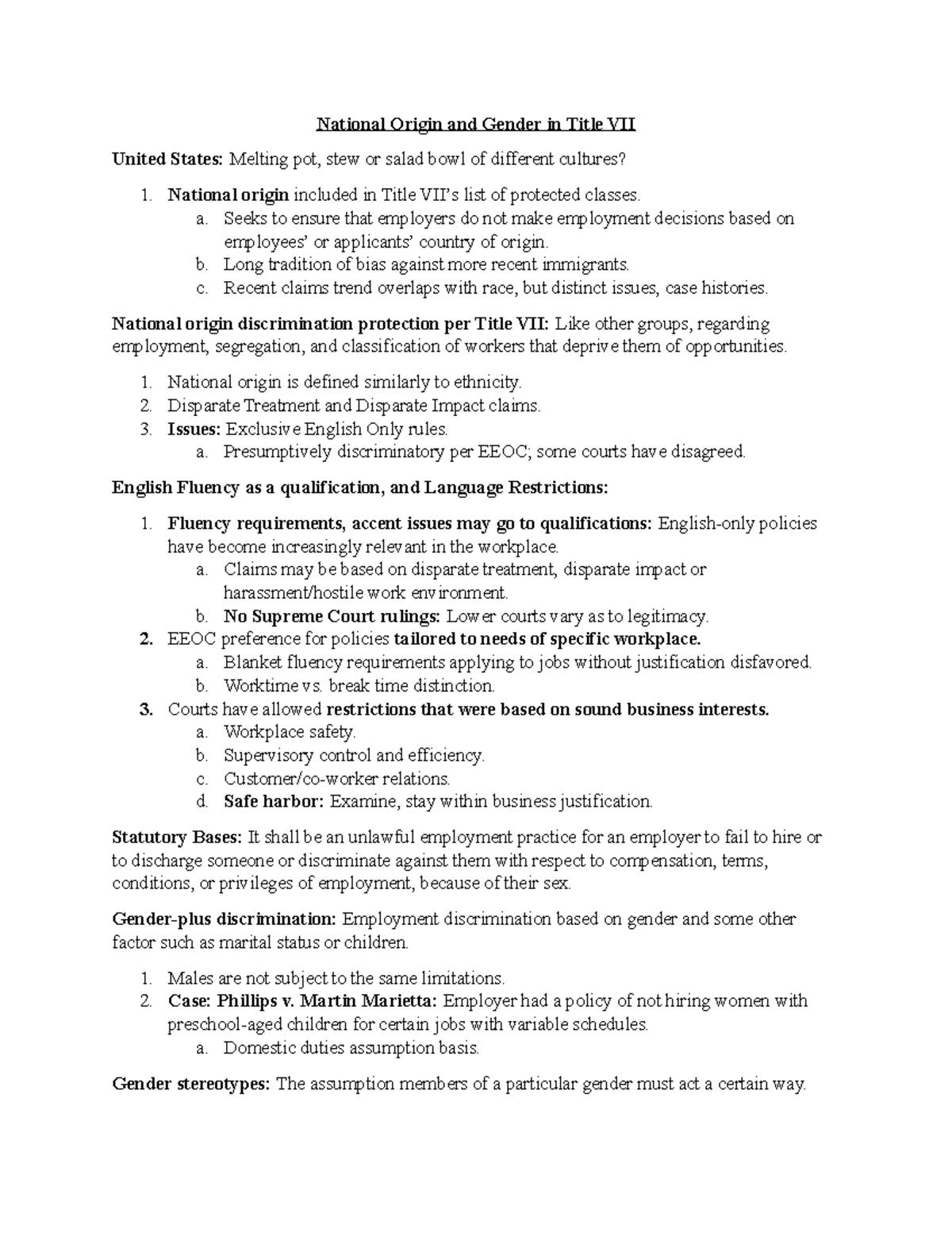 Unit 6 - National Origin and Gender Discrimination in Title VII - Studocu