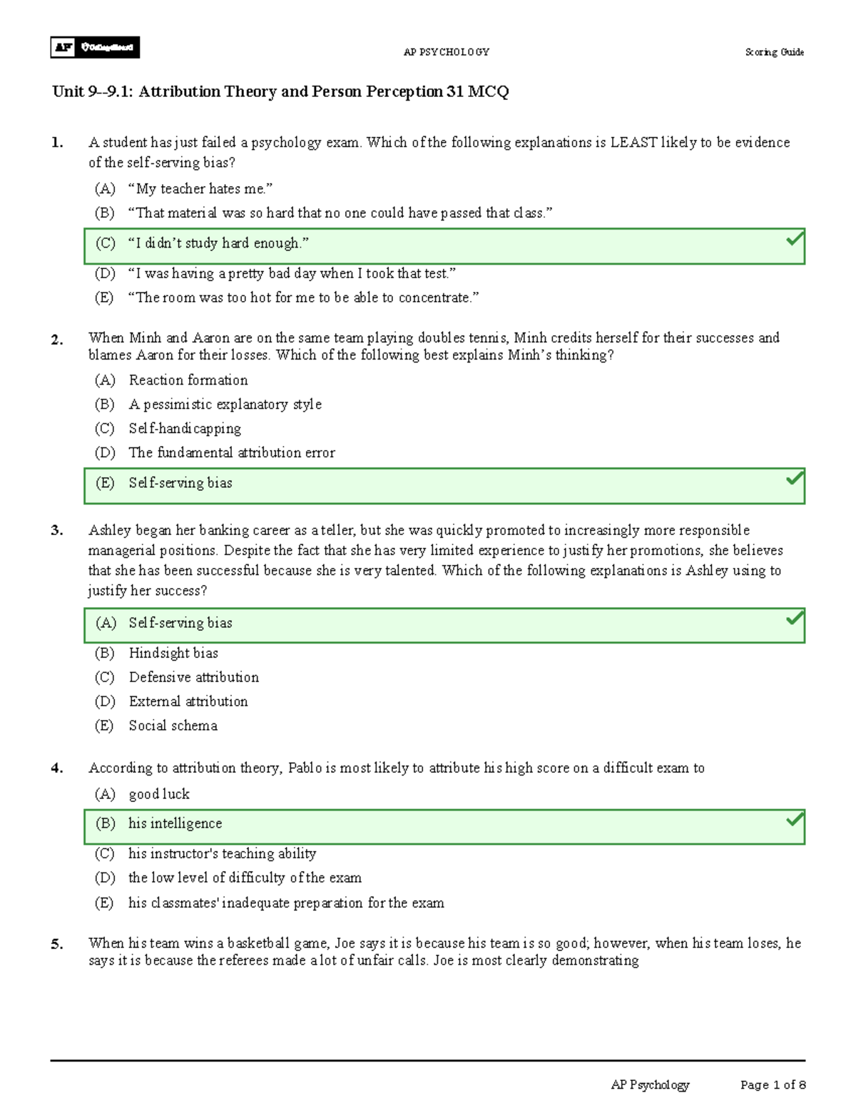 AP PSYCHOLOGY Unit 9: Attribution Theory and Social Cognition Review ...