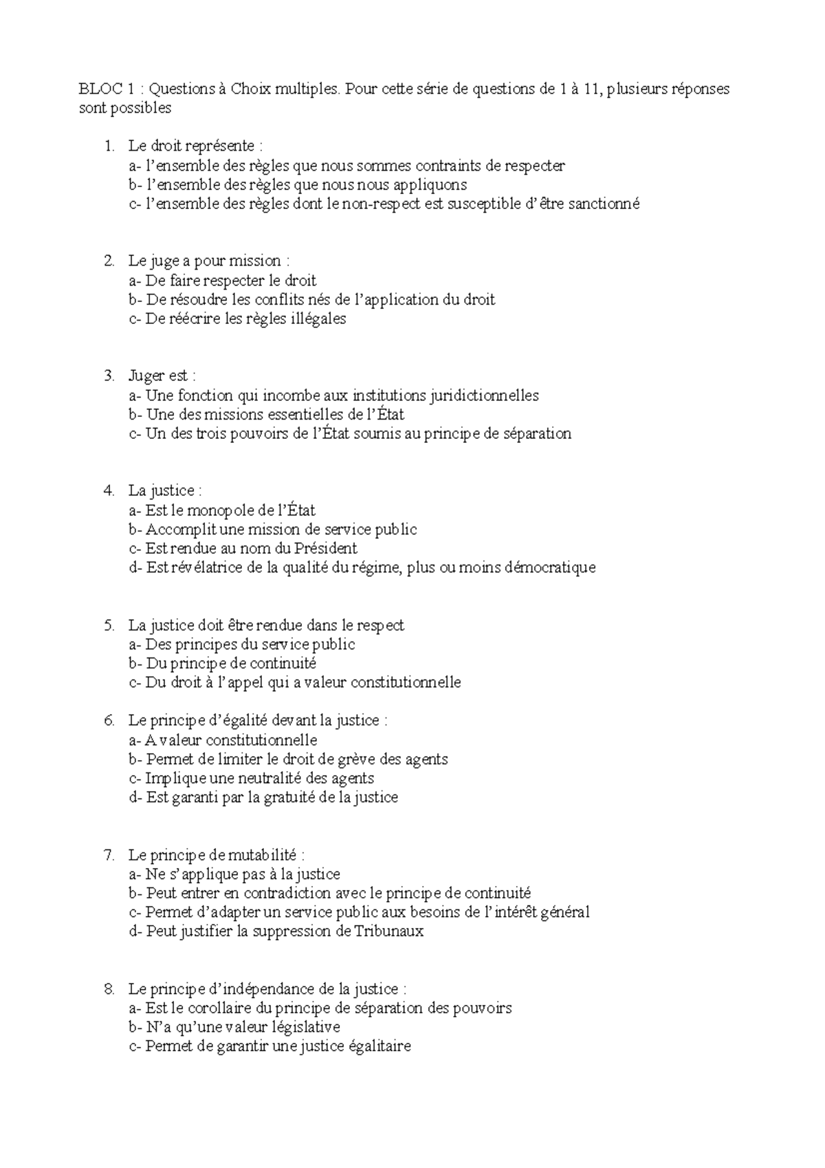 QCM d'Entraînement Droit - BLOC 1: Questions à Choix Multiples - Studocu