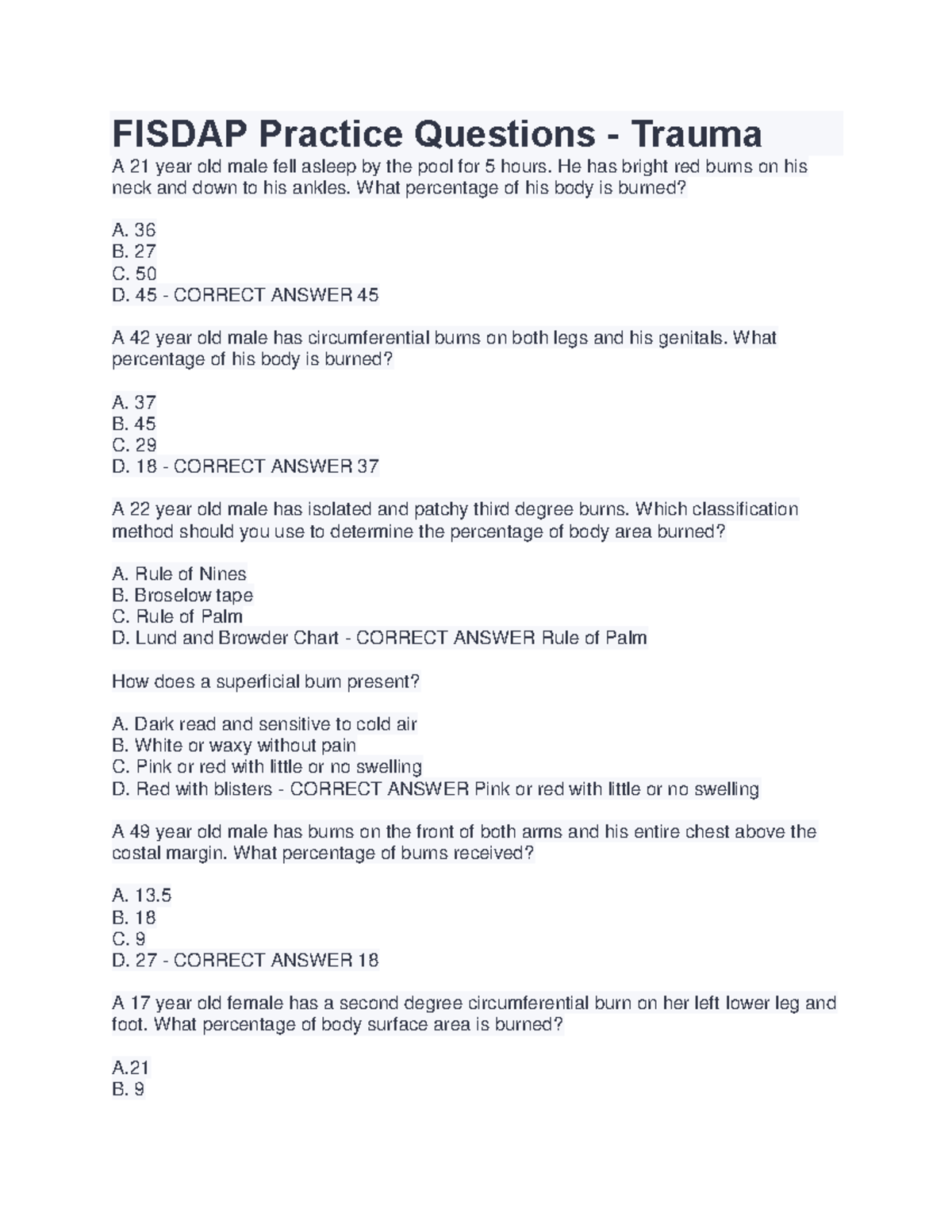 FISDAP Practice Questions - Trauma Assessment & Scoring Guide - Studocu