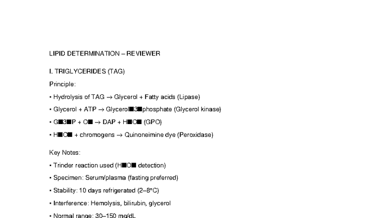 Lipid Reviewer - LIPID DETERMINATION – REVIEWER I. TRIGLYCERIDES (TAG ...