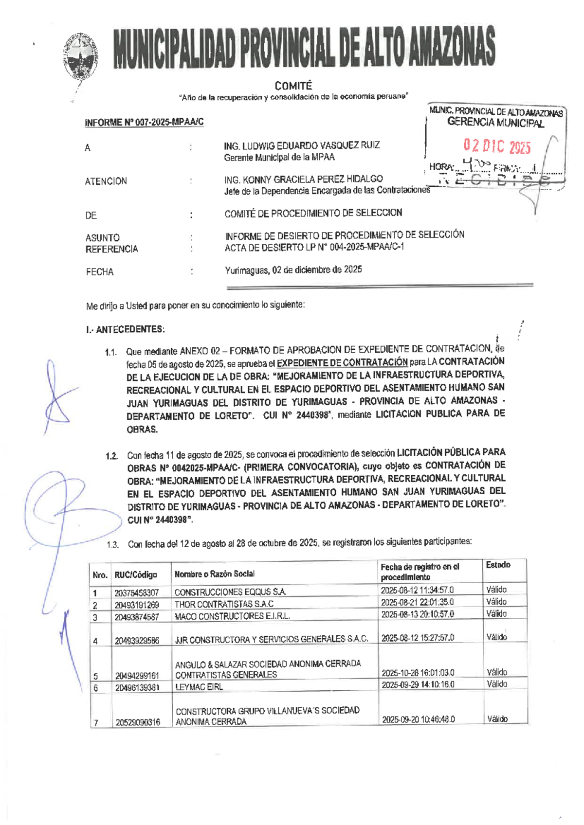 Informe de Desierto de Licitación Pública para Obras - MPAA 2025 - Studocu