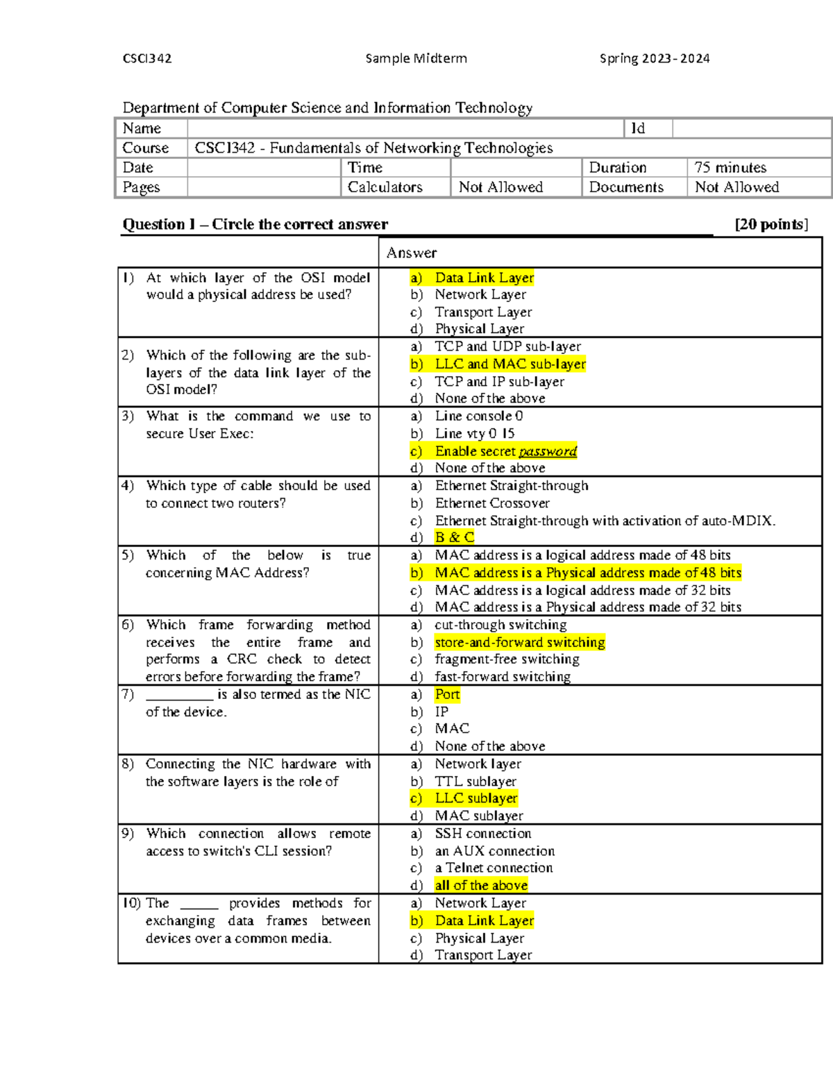 CSCI342 Sample Midterm Exam - Department of Computer Science and ...