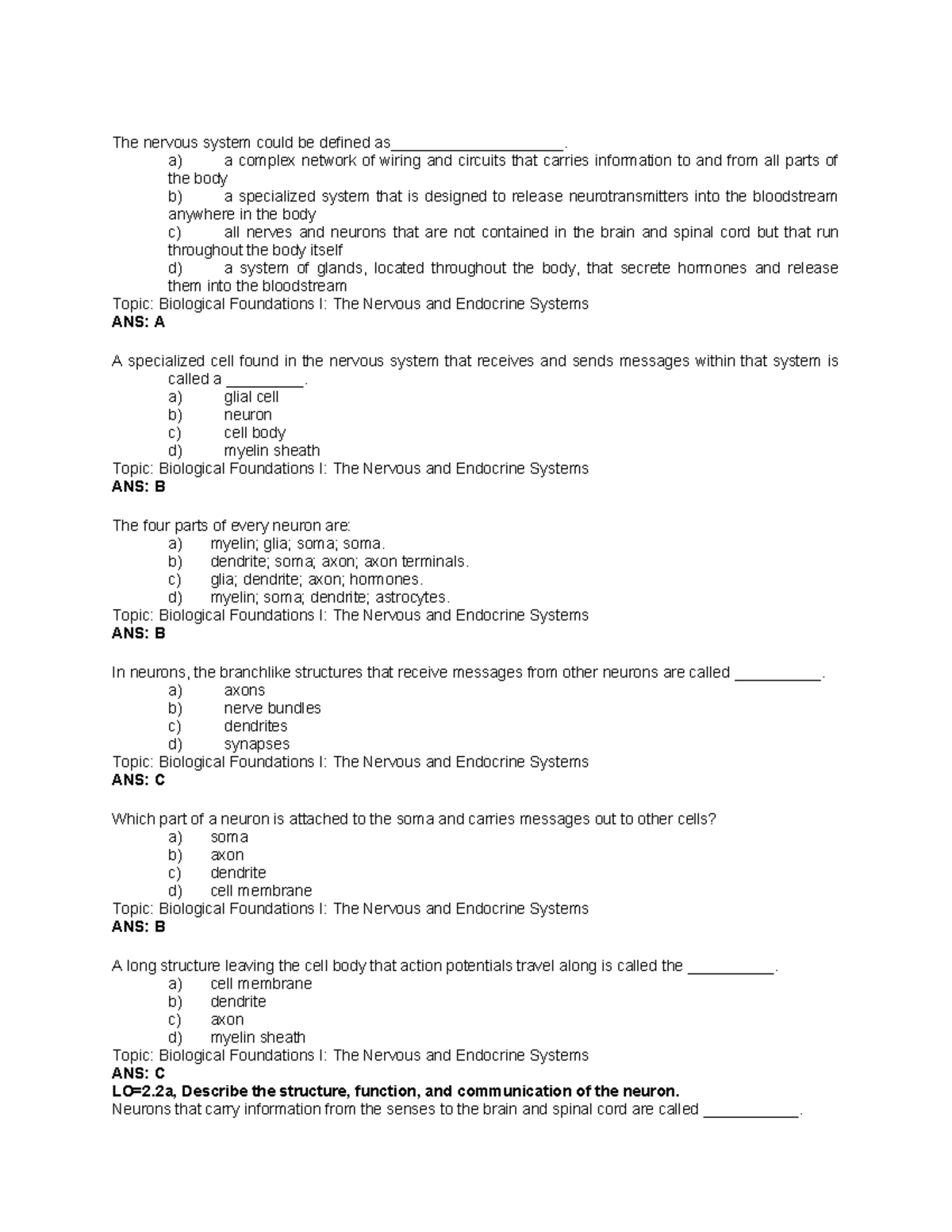 Biological Foundations I: The Nervous and Endocrine Systems Study Guide ...