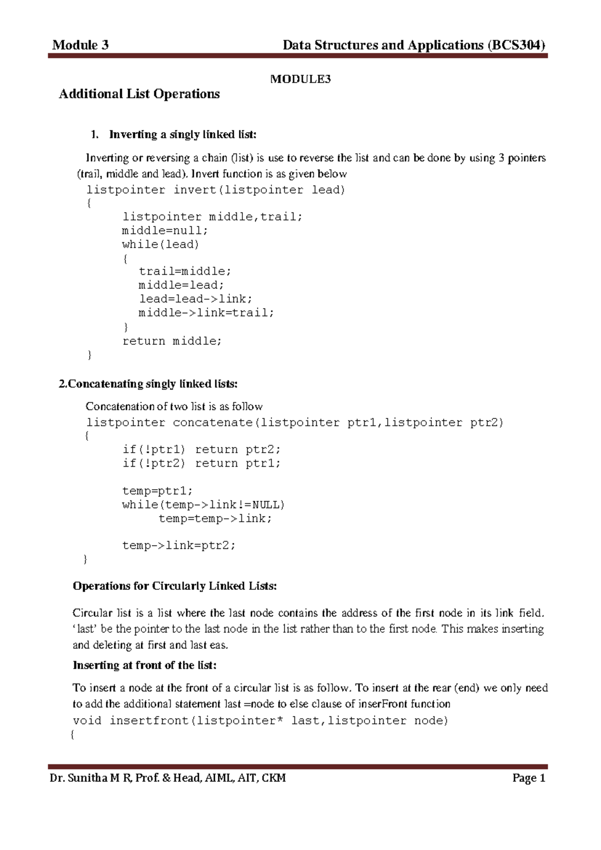 MRS DSA Module 3 - MODULE 3 Additional List Operations Inverting a singly linked list: Inverting ...