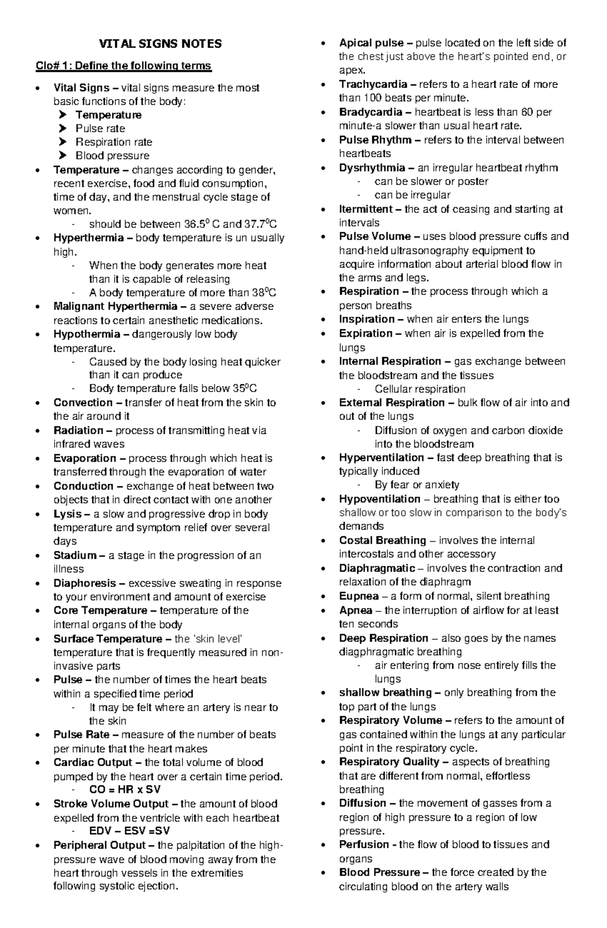 Vital Signs Study Notes (CLO#1 - CLO#5) for Health Assessment - Studocu