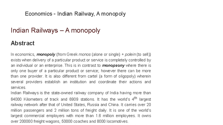 Economics - Indian Railways Monopoly: Case Study & Analysis MBA - Studocu
