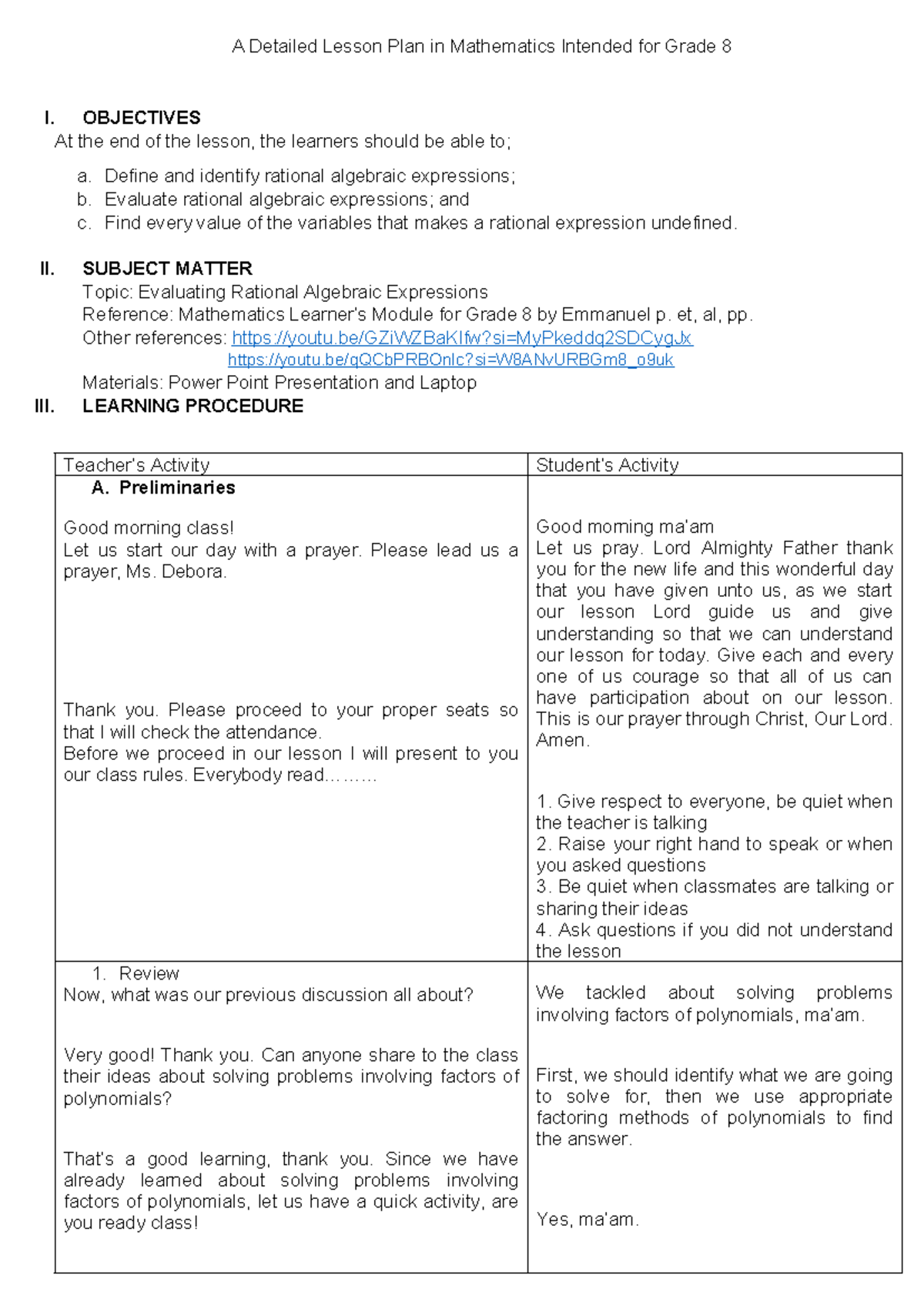 Grade 8 Mathematics Lesson Plan: Evaluating Rational Algebraic Expressions - Studocu