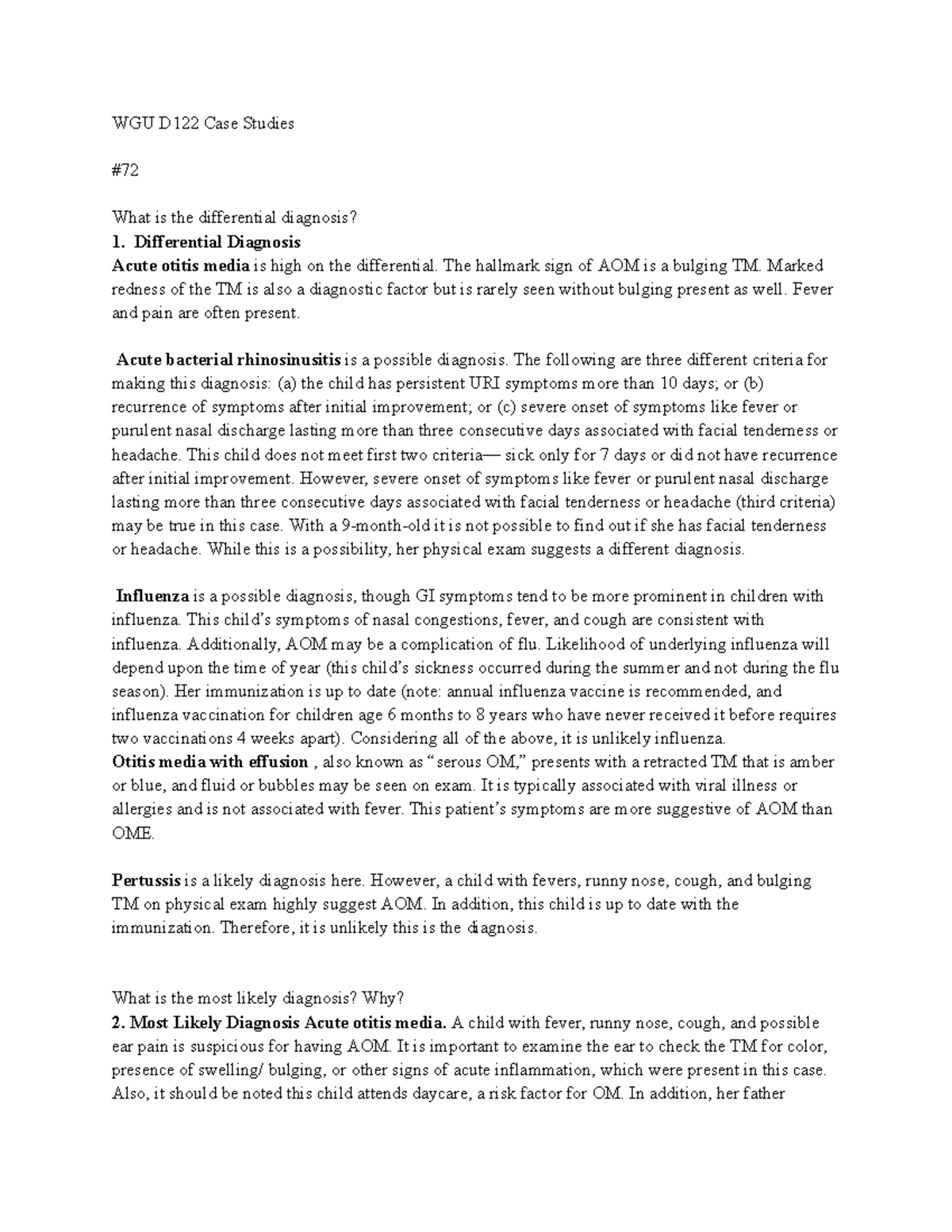 WGU D122 Case Study: Differential Diagnosis of Acute Otitis Media - Studocu
