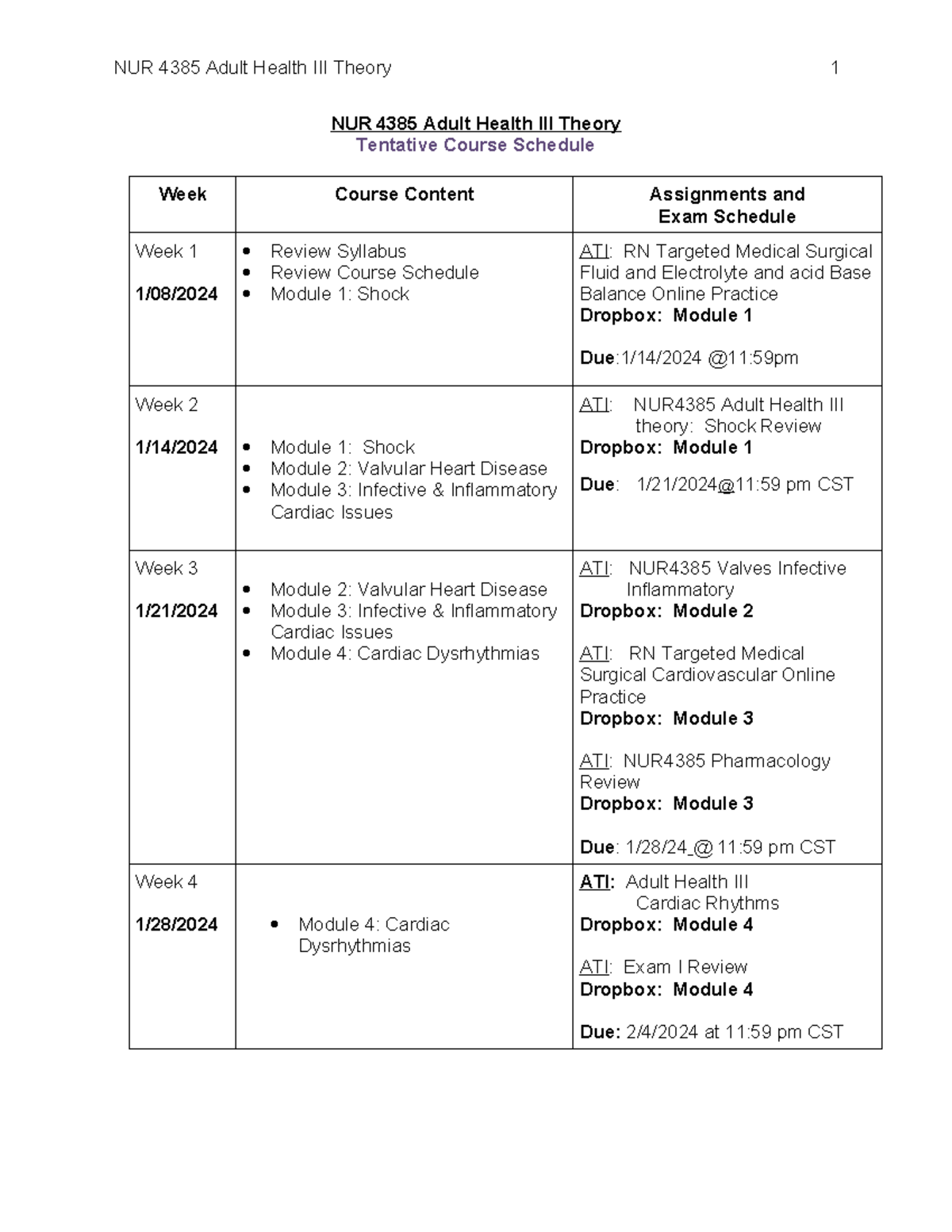 NUR4385 Course Schedule Spring 2024 ABSN I - NUR 4385 Adult Health III ...