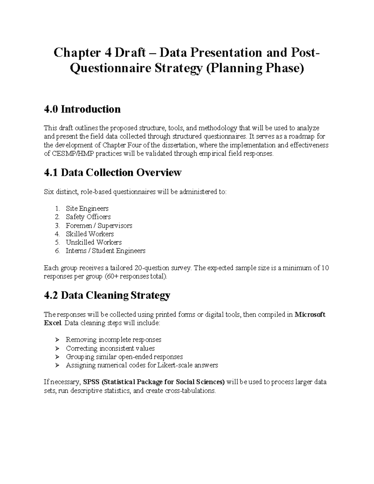 Chapter 4 Draft: Data Presentation & Post-Questionnaire Strategy - Studocu