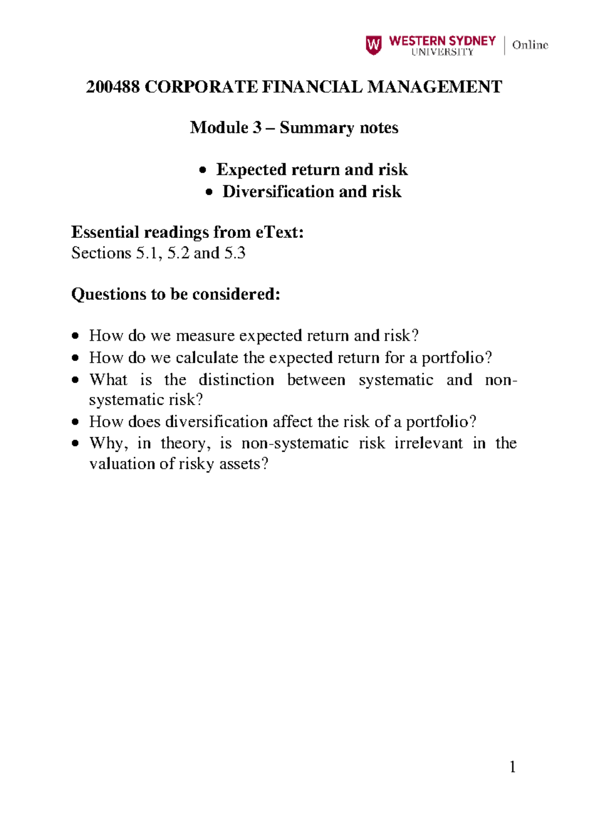 200488 CORPORATE FINANCIAL MANAGEMENT Module 3 Summary: Risk & Return Analysis - Studocu