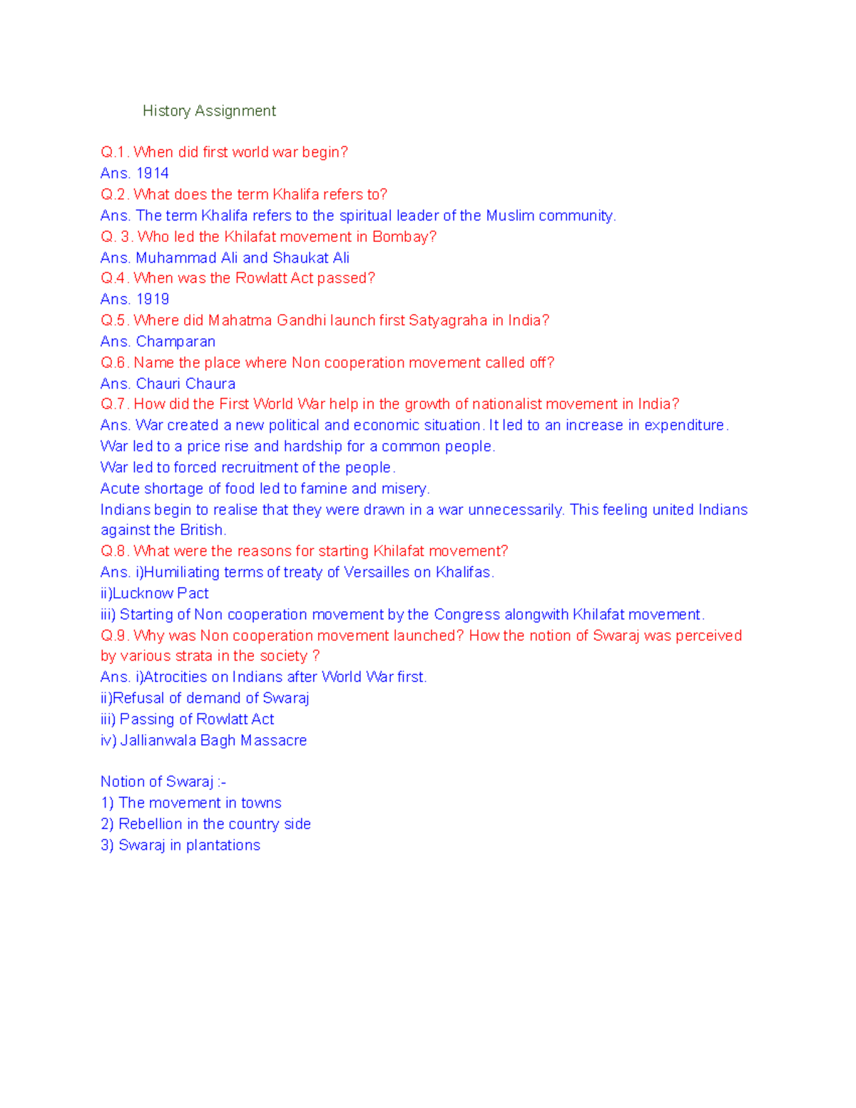 S.sc.Assign. XHCh.2(1-4) Nationalism in India: Key Questions & Answers ...