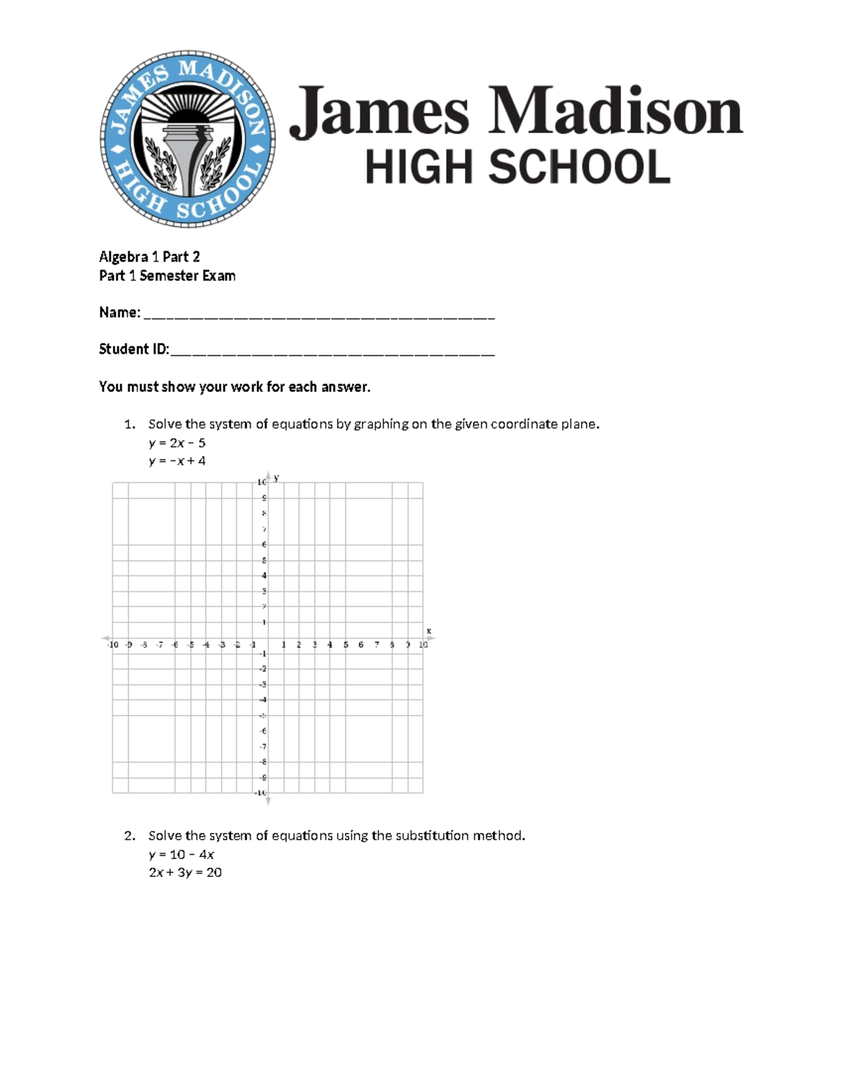 Algebra 1 Semester 2 Exam - Algebra 1 Part 2 Part 1 Semester Exam Name ...