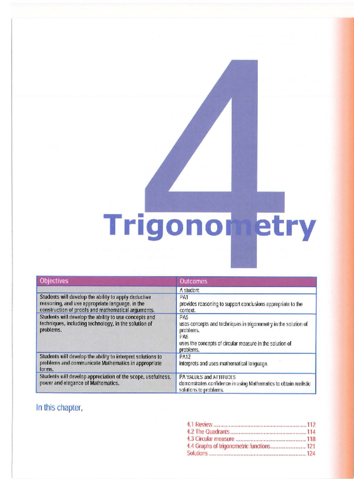 Trigonometry Objectives and Outcomes PA1, PA5, PA6, PA12 - Chapter 4 ...