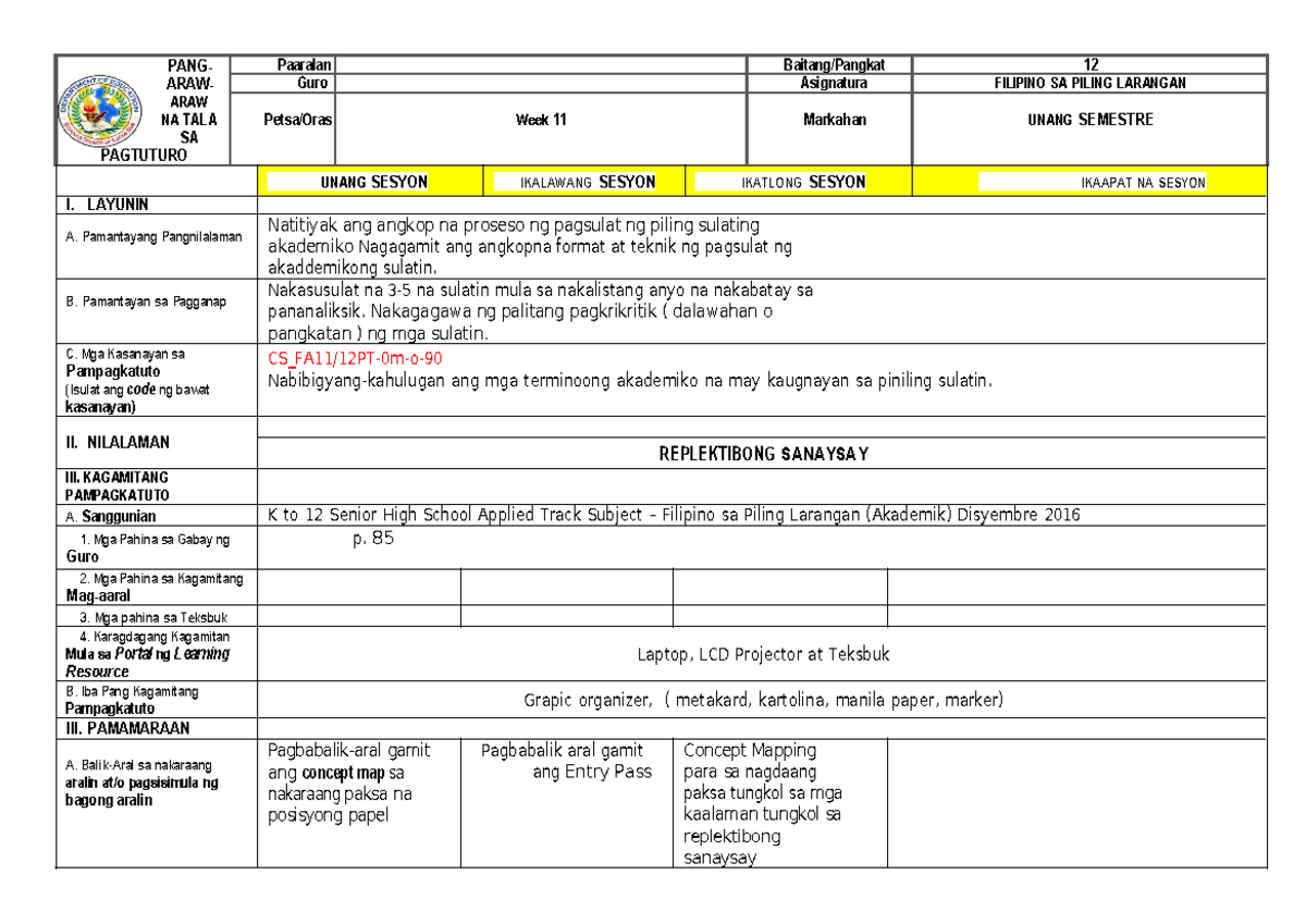 Replektibong Sanaysay sa Filipino sa Piling Larangan (K12) - Studocu