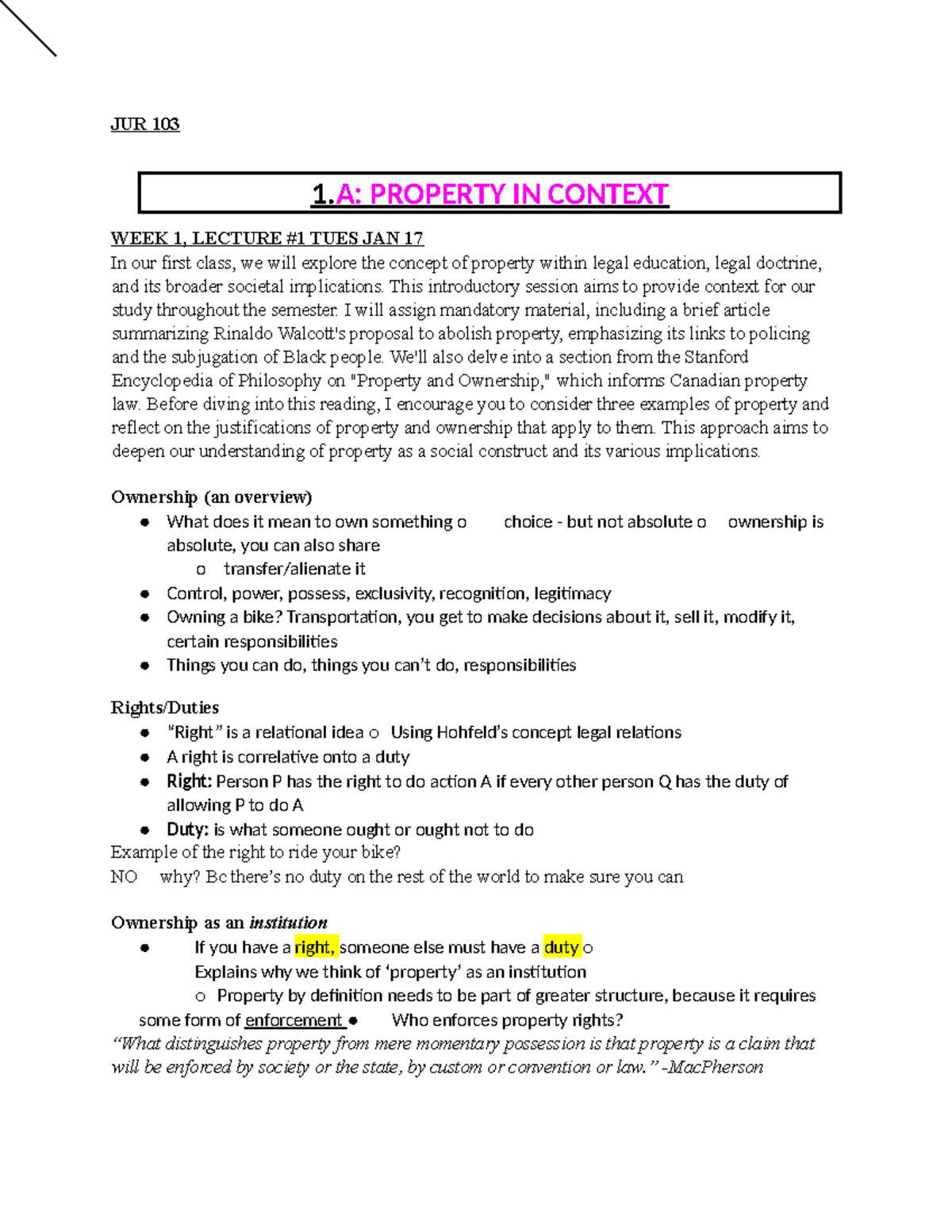 JUR 103 - Property in Context: Lecture Notes Overview for 2024 - Studocu