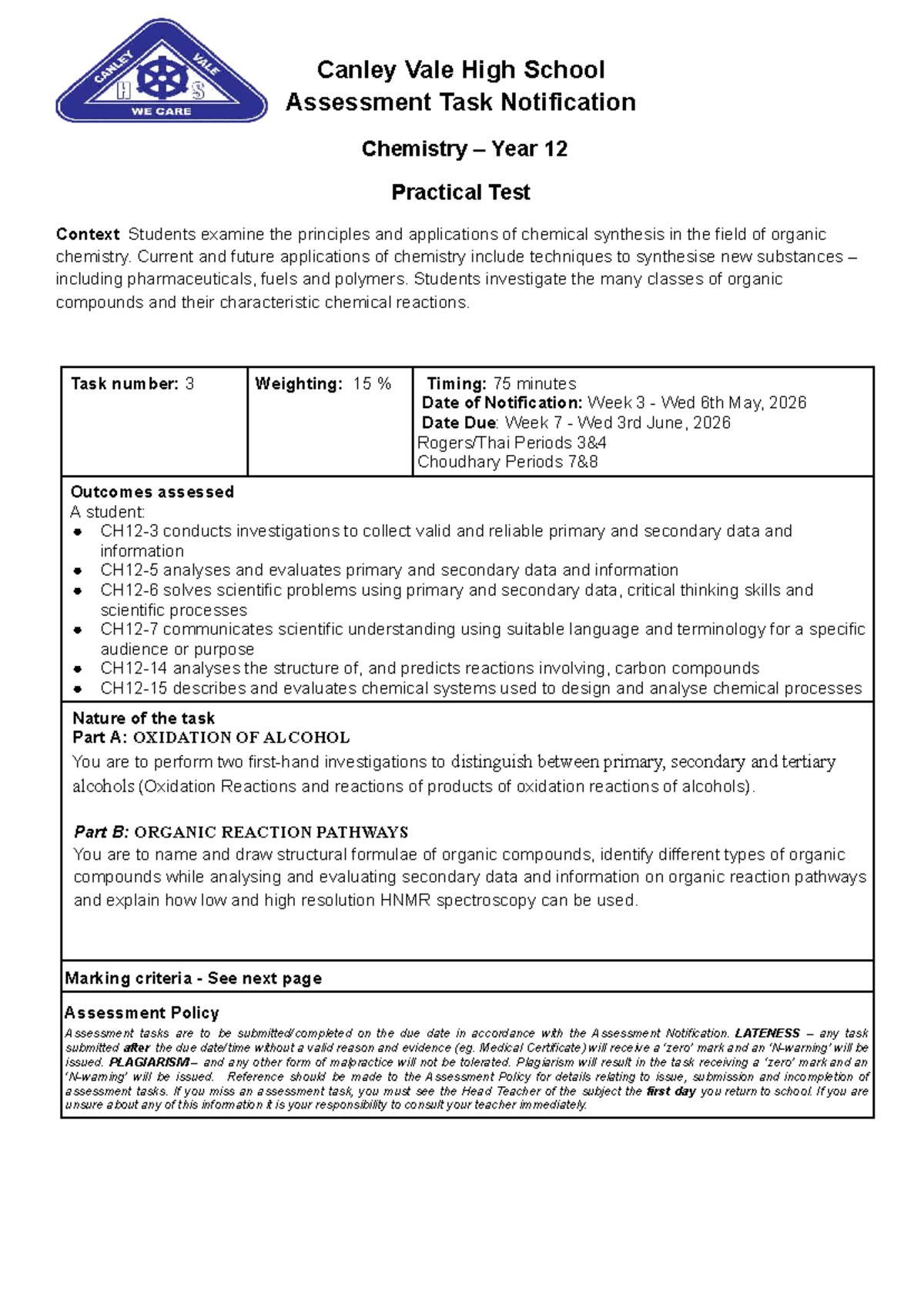 Year 12 Chemistry Practical Test Notification - Studocu