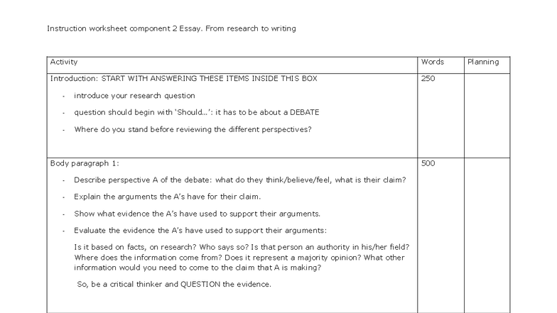 Instruction Worksheet for Component 2 Essay (GPR 25-26) - Studeersnel