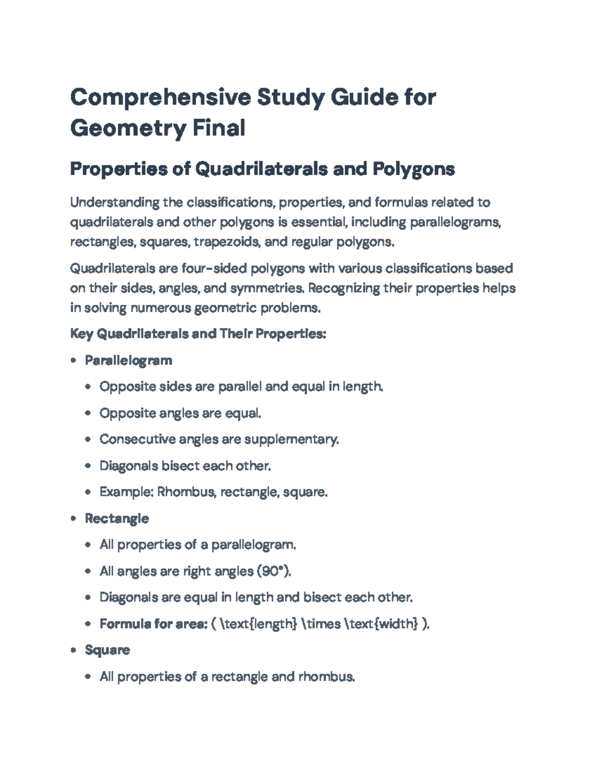 Comprehensive Geometry Study Guide for Final Exam: Quadrilaterals ...