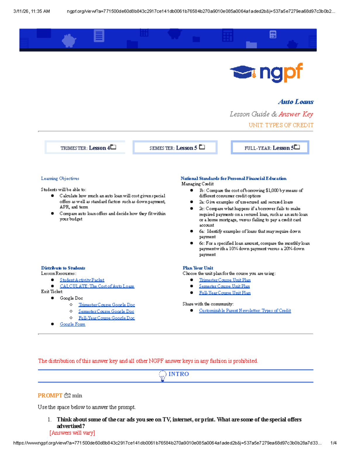 Auto Loans Lesson 4 Answer Key (NGPF) - Types of Credit - Studocu