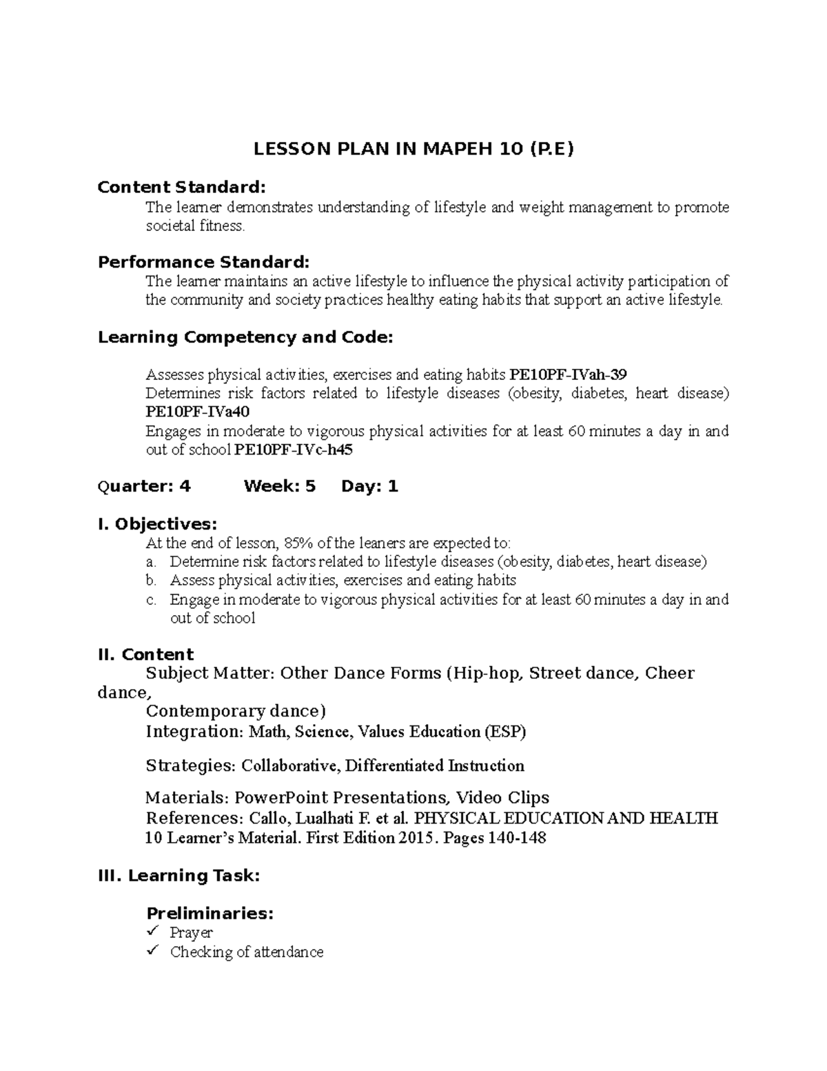 DLP MAPEH 10 - Day 1 Lesson Plan on Lifestyle & Physical Activity - Studocu