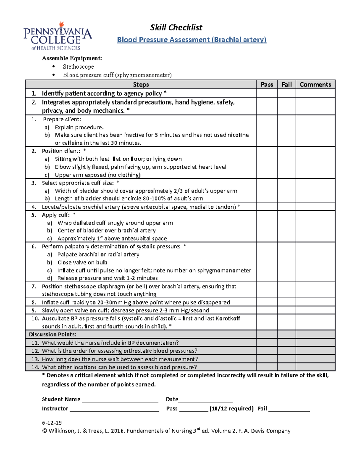 Blood Pressure Assessment Skill Checklist for Nursing Students (6-12-19 ...