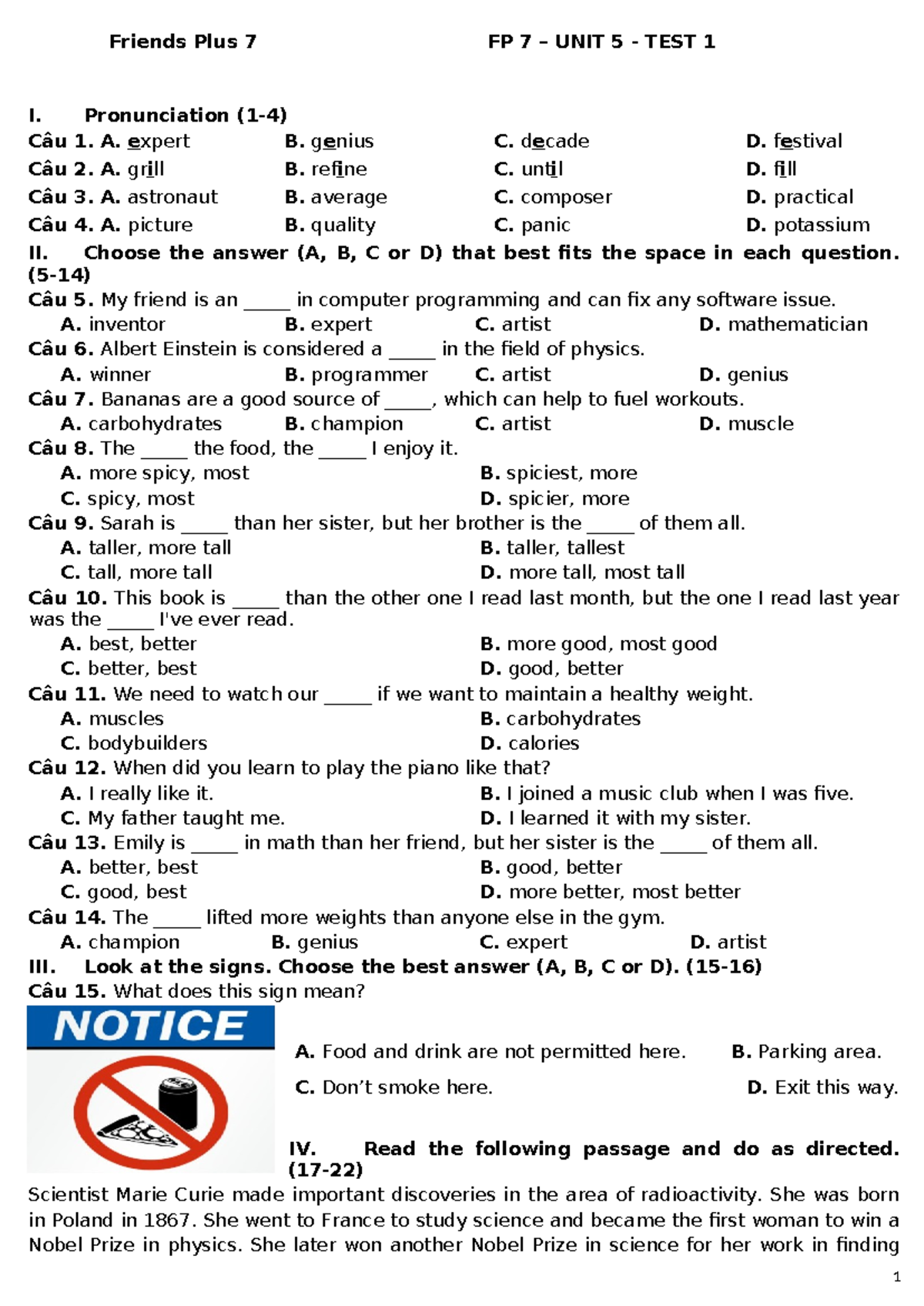 FP7 unit 5 test - fdgfdgdgdfgdf - Friends Plus 7 FP 7 – UNIT 5 - TEST 1 ...
