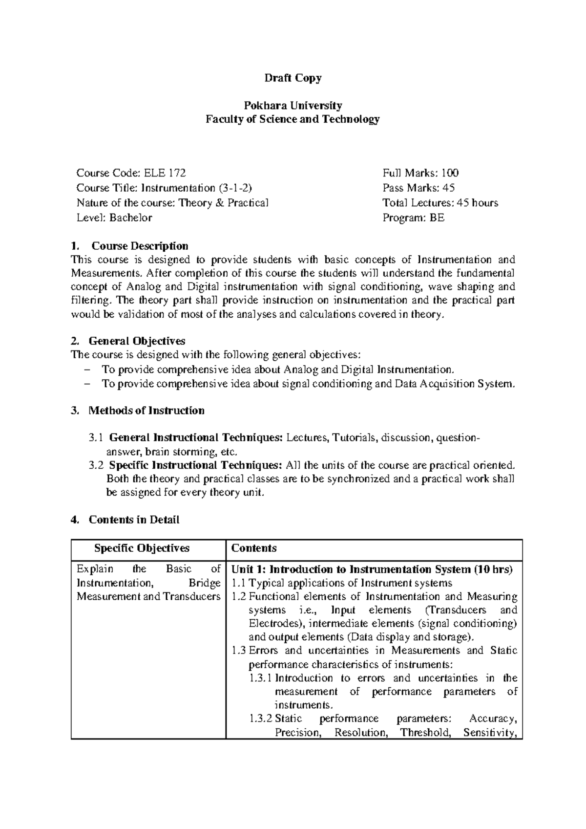 ELE 172 Instrumentation Course Syllabus and Overview - Studocu