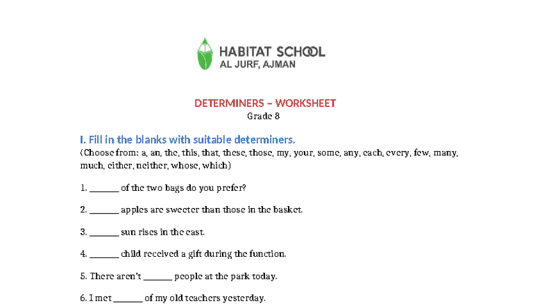 DETERMINERS WORKSHEET Grade 8 - Fill in the Blanks & Identification ...