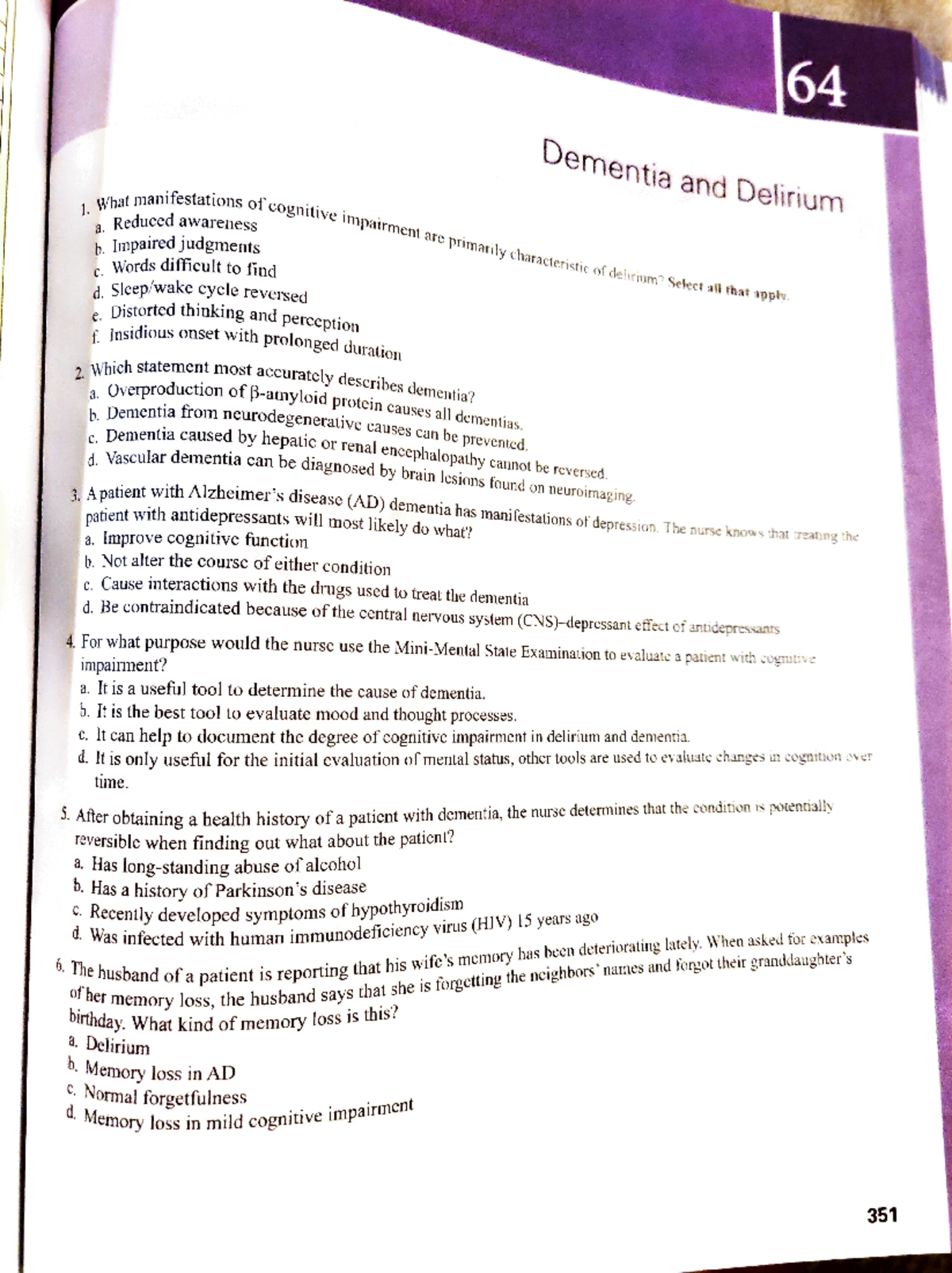NUR 324 - Alzheimer’s Disease & Delirium Practice Questions - Studocu