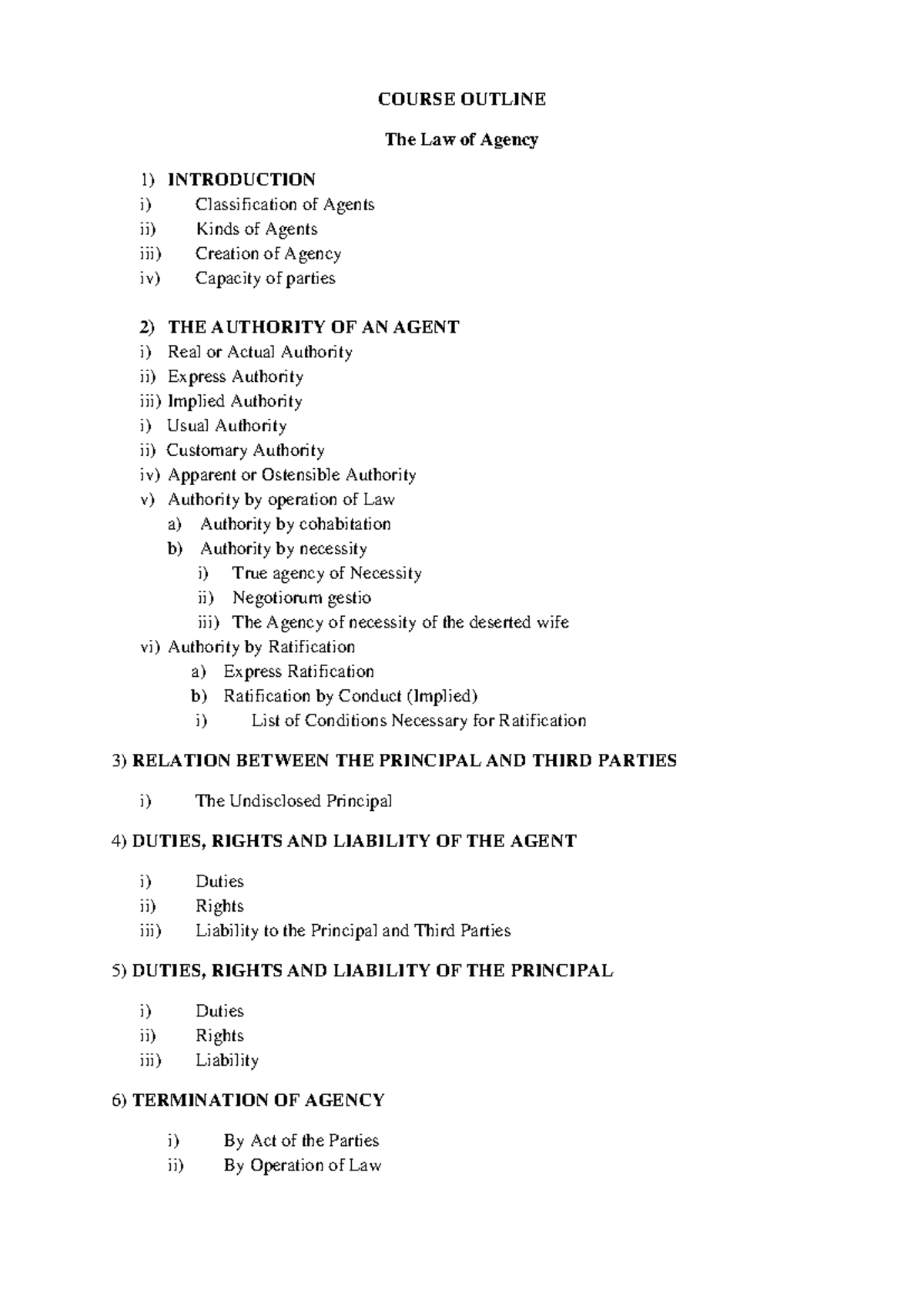 Business Law - Course Outline on The Law of Agency - Studocu