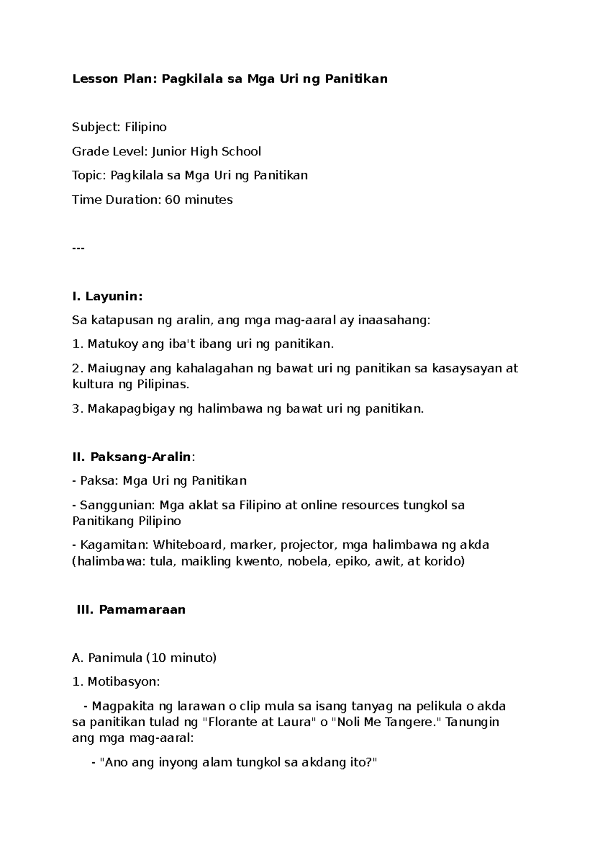 Lesson Plan sa Filipino: Pagkilala sa Mga Uri ng Panitikan - Studocu