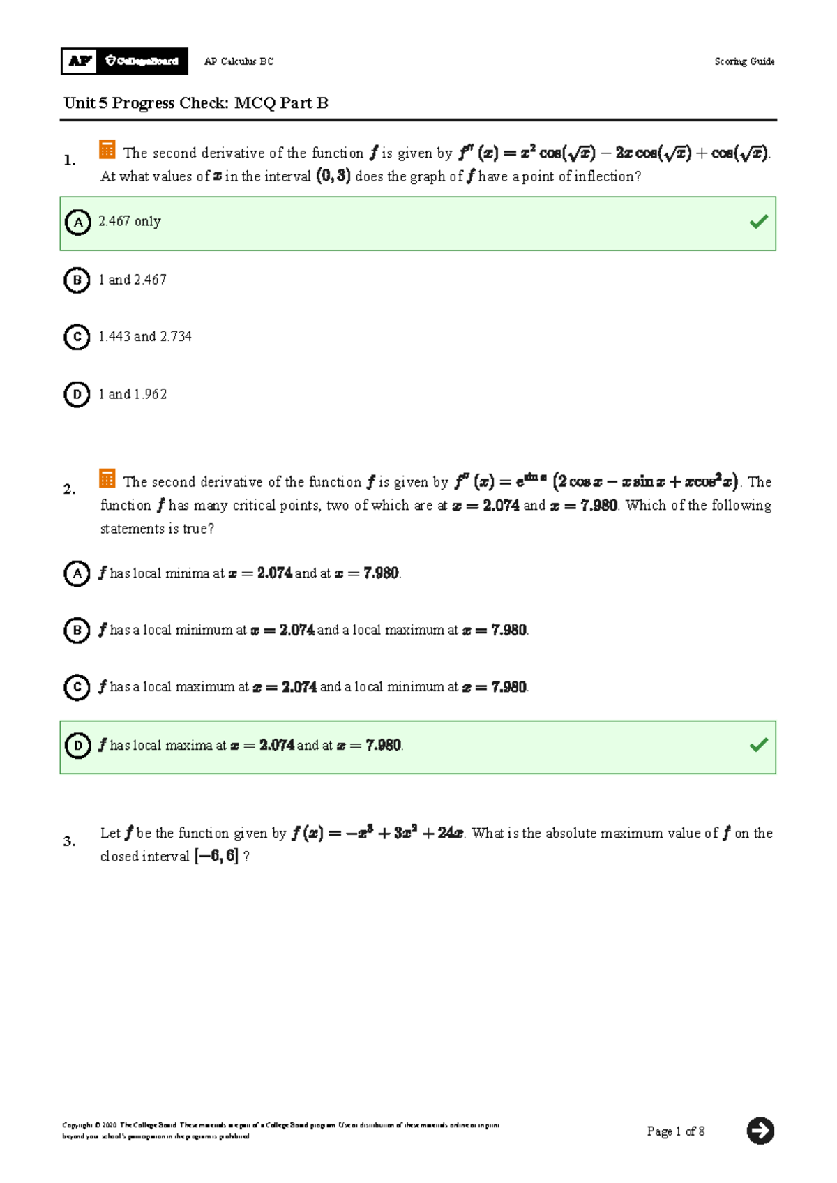 AP Calculus BC Unit 5 Progress Check: MCQ Part B Scoring Guide - Studocu