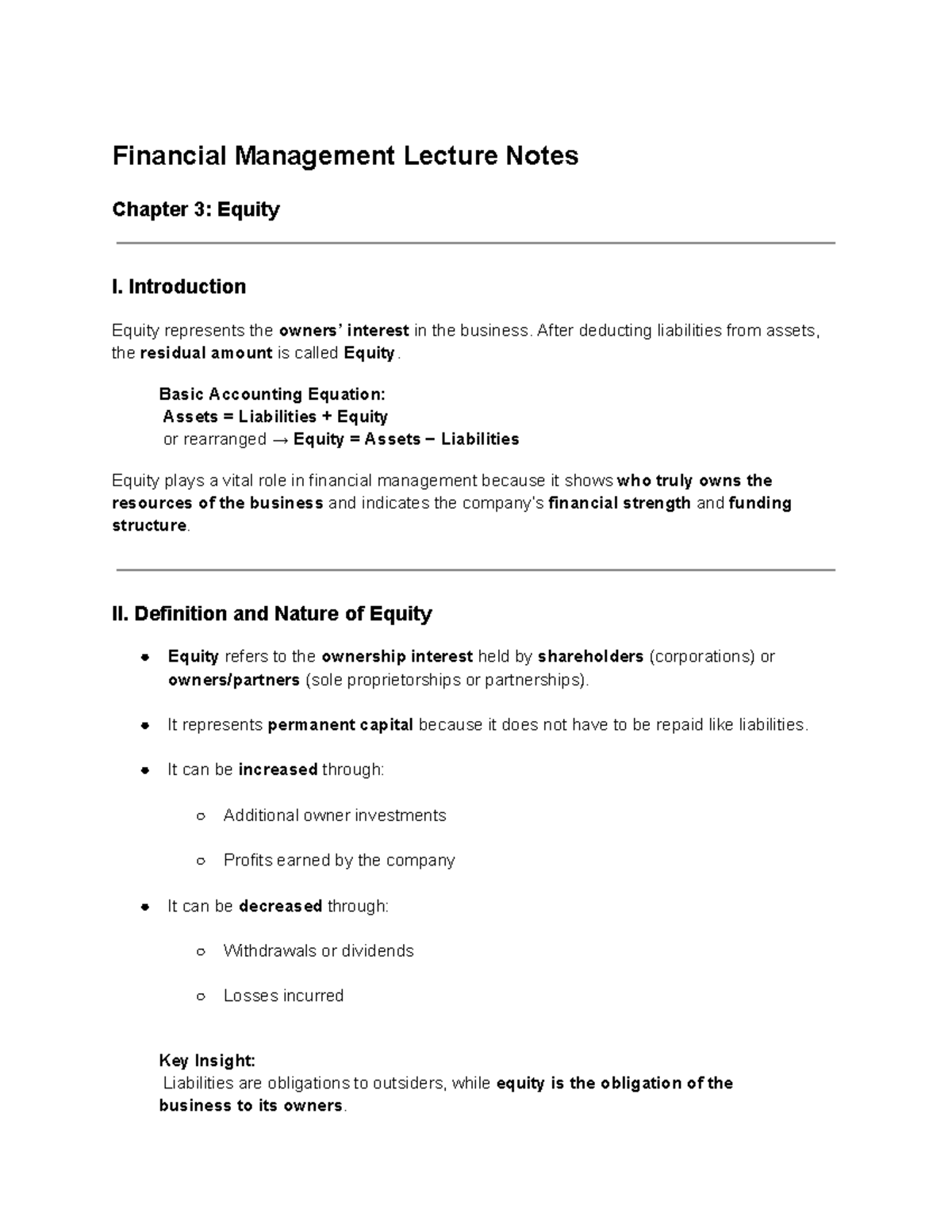 Financial Management Lecture Notes: Chapter 3 - Equity Overview - Studocu