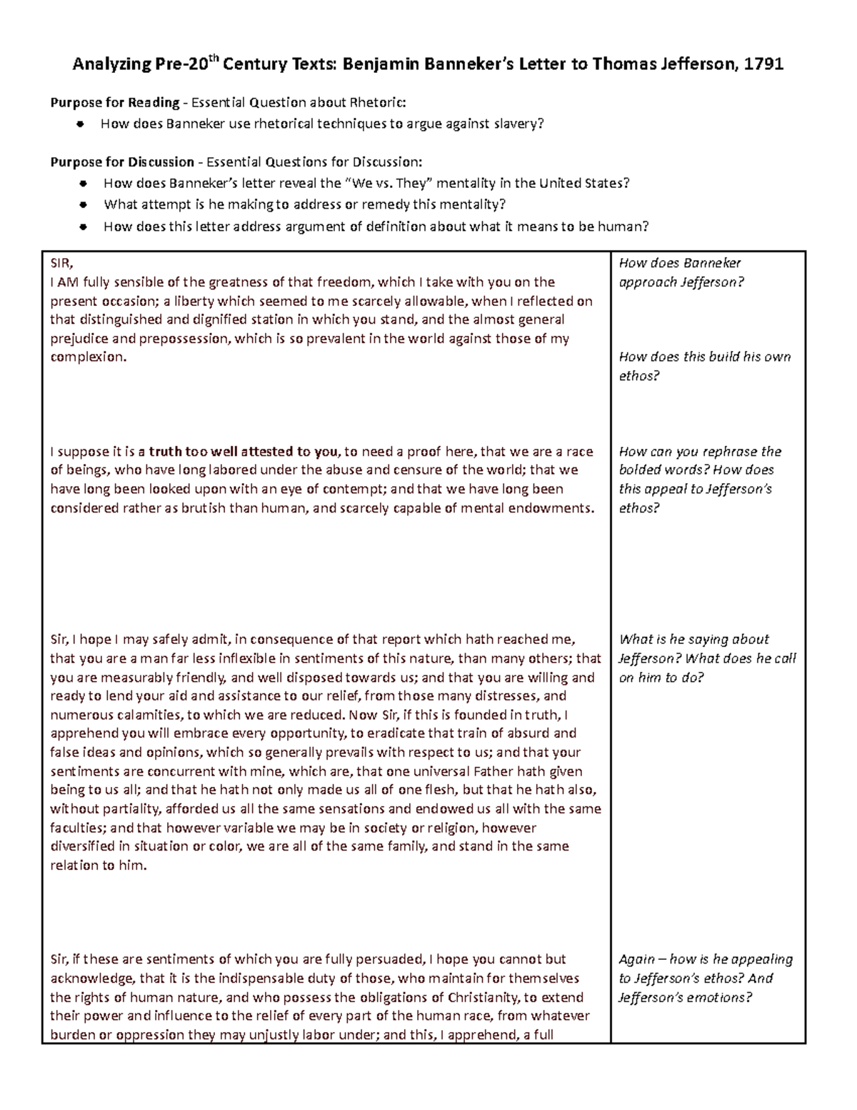 Analyzing Banneker’s Letter to Jefferson: Rhetorical Techniques ...