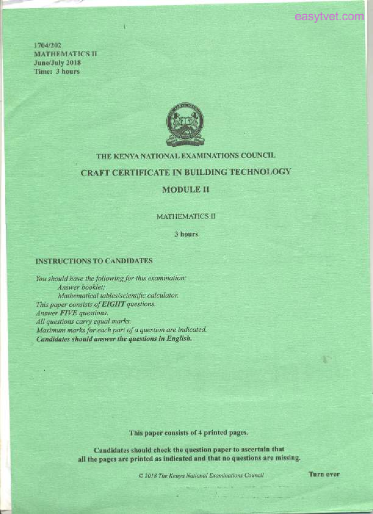 2018 july - Past papers - easytvet MATHEMATICS II 2018 Time: 3 hours ...