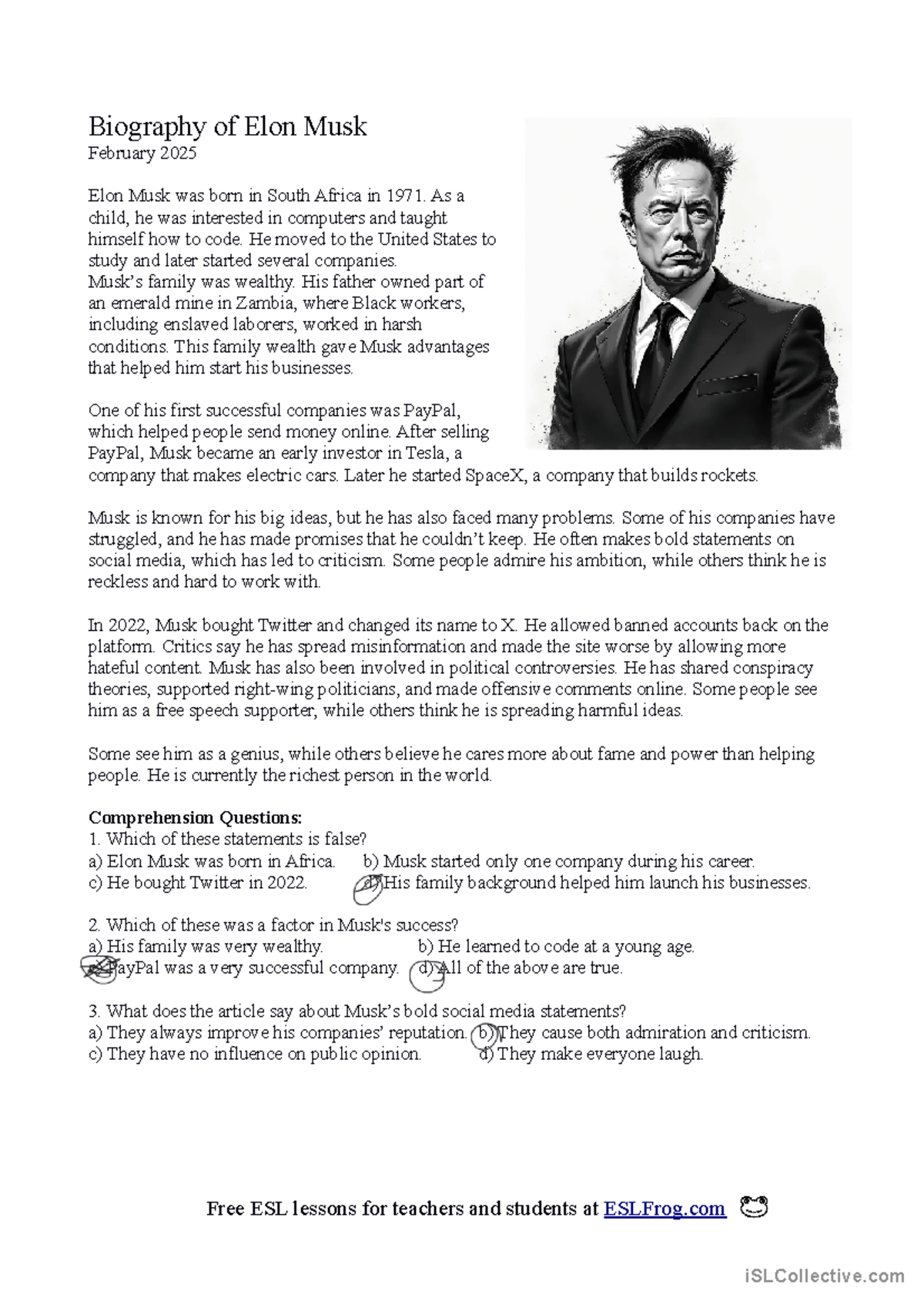 Elon Musk Biography (Reading Lesson) - Insights & Comprehension ...
