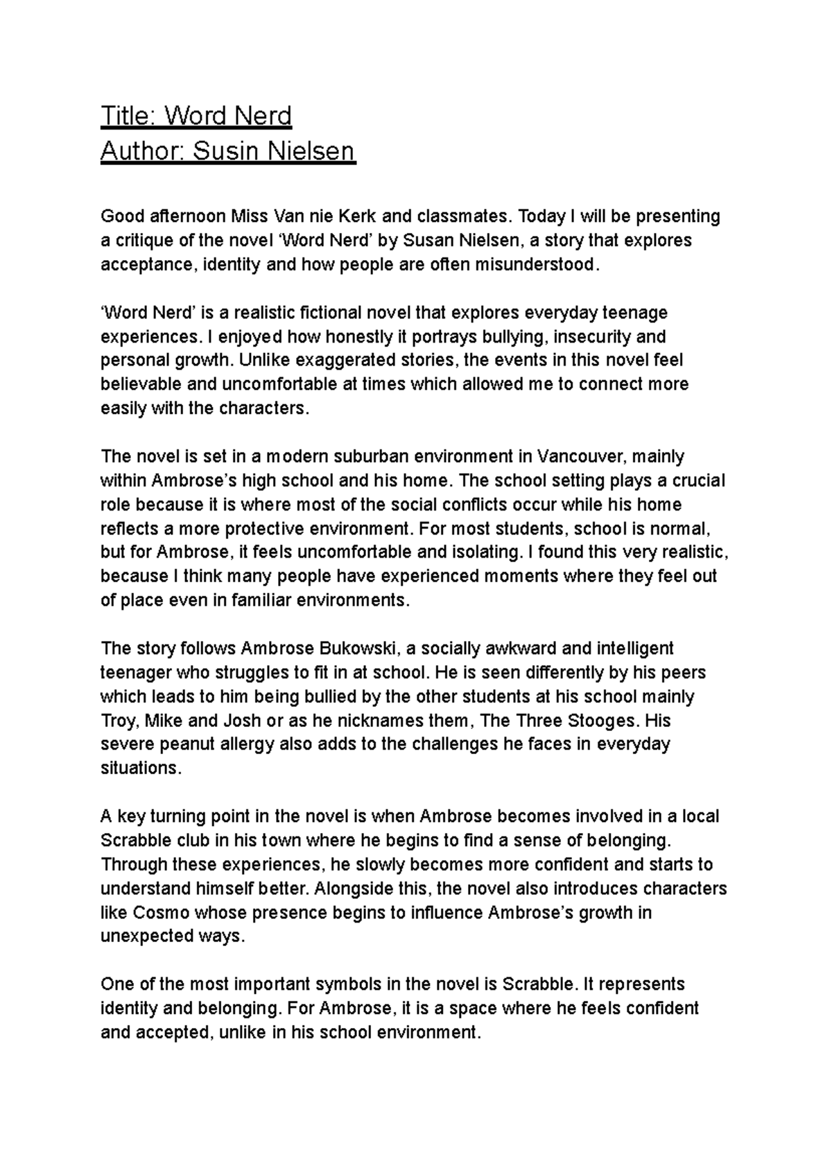 ENG 101: Book Critique of "Word Nerd" by Susin Nielsen - Studocu