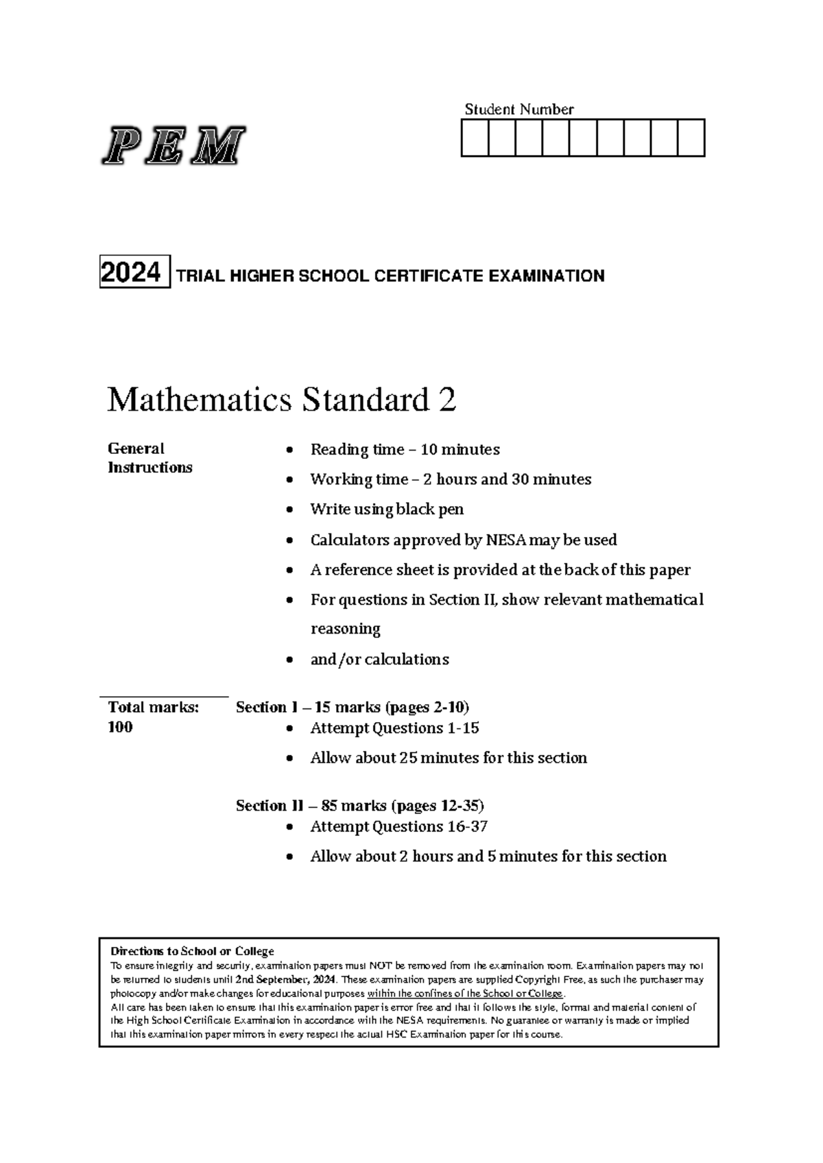 PEM 2024 Mathematics Standard 2 Trial HSC Exam Paper - Studocu