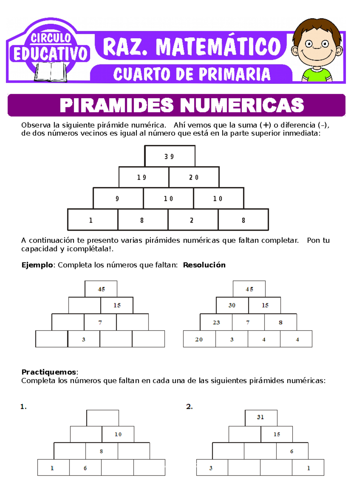 Ejercicios de Piramides Numericas para Cuarto de Primaria - Observa la ...