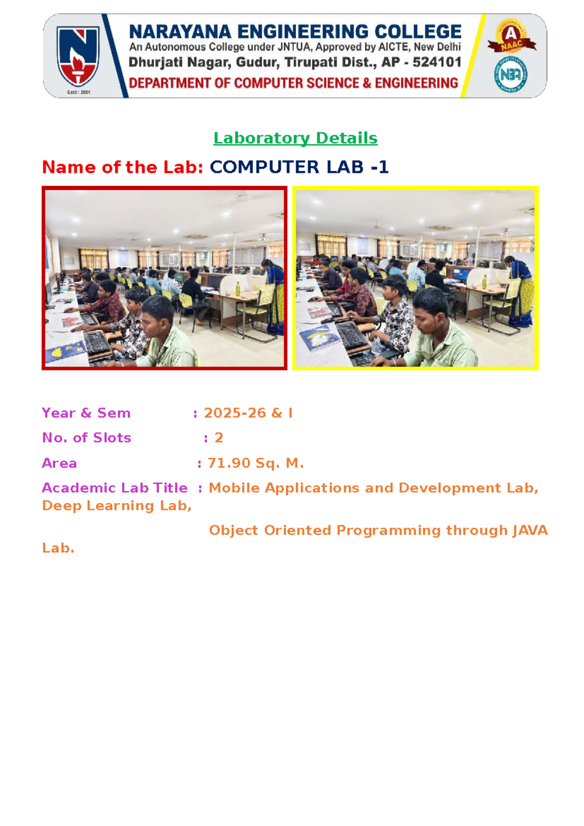 Laboratory Details for Computer Labs - Sem I Overview - Studocu