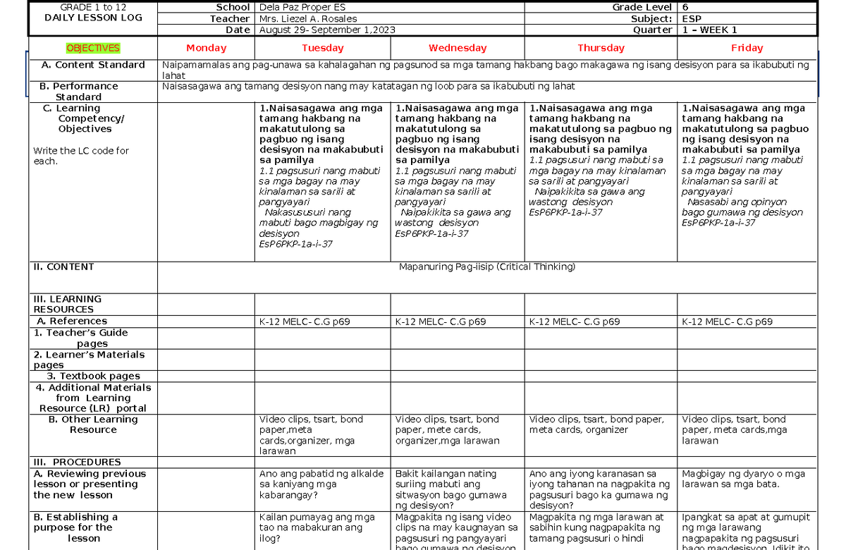 WEEK1-dll-ESP - learning plan sample - H O L I D A Y National Heroes Day GRADE 1 to 12 DAILY ...