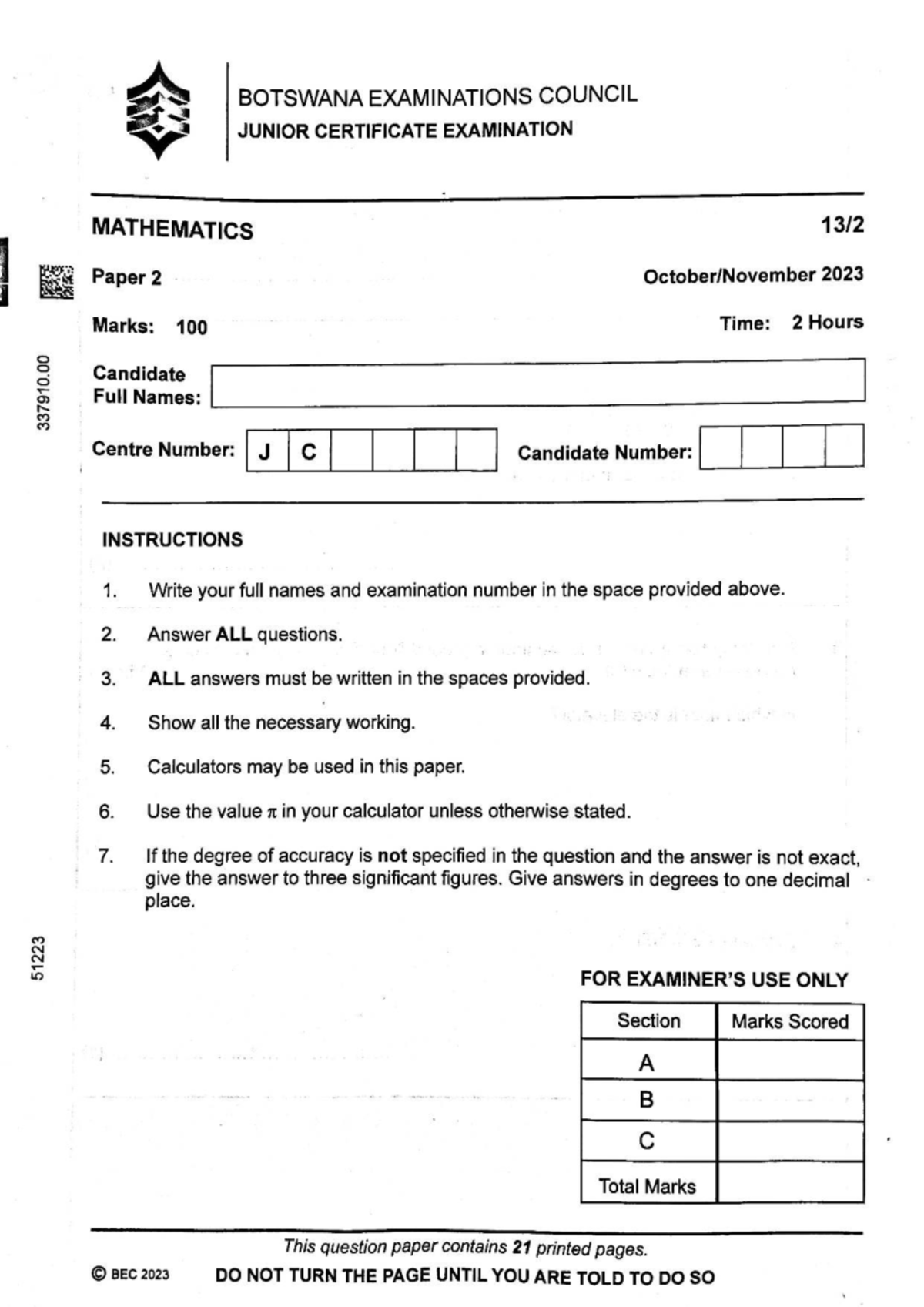 JCE 2023 Mathematics Paper 2 Examination Guide - Studocu